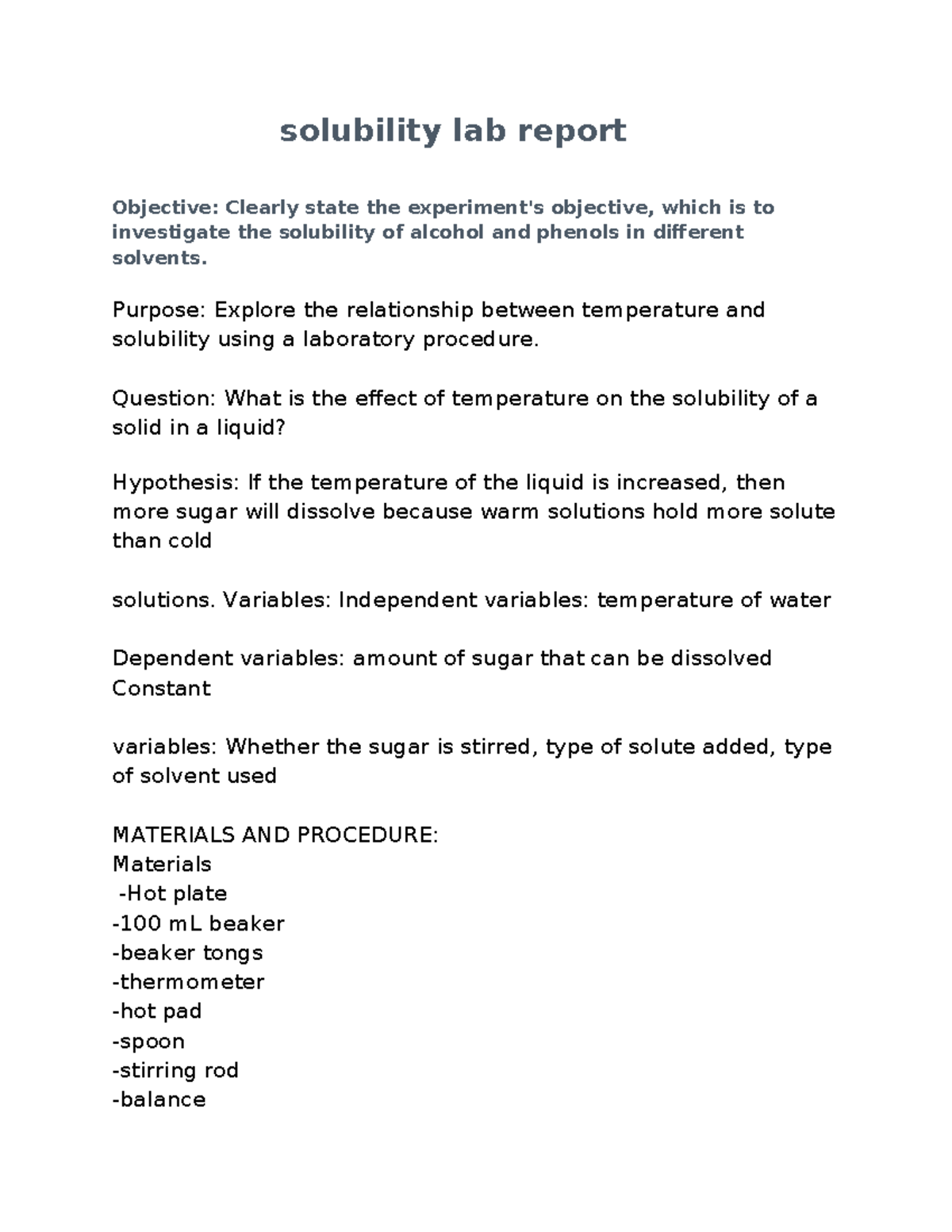 Solubility lap report Copy - solubility lab report Objective: Clearly ...