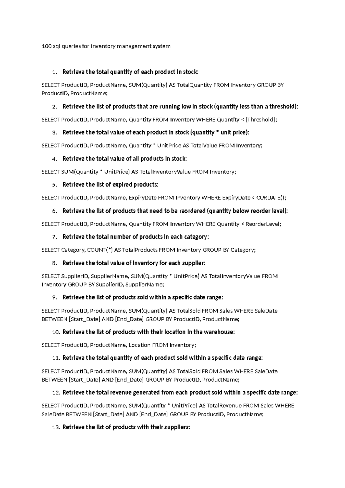 100 sql queries for inventory management system - Retrieve the total ...