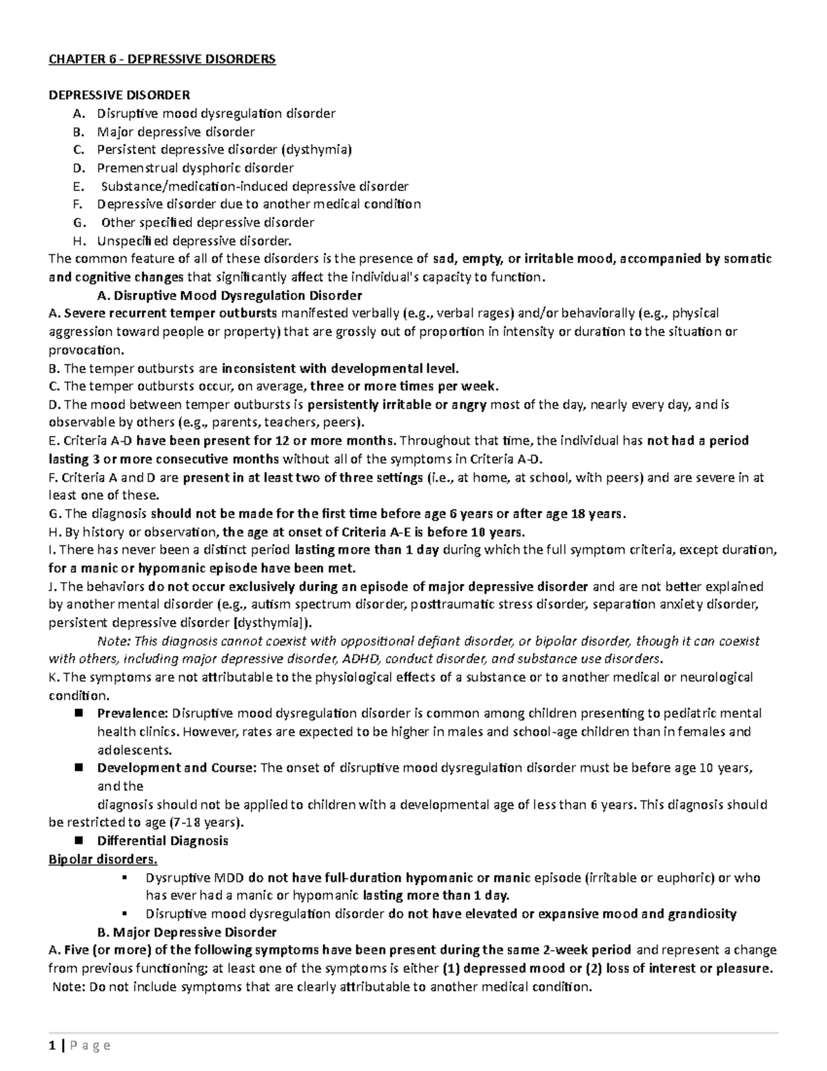 Chapter 6 - Lecture notes 6 - CHAPTER 6 DEPRESSIVE DISORDERS DEPRESSIVE ...