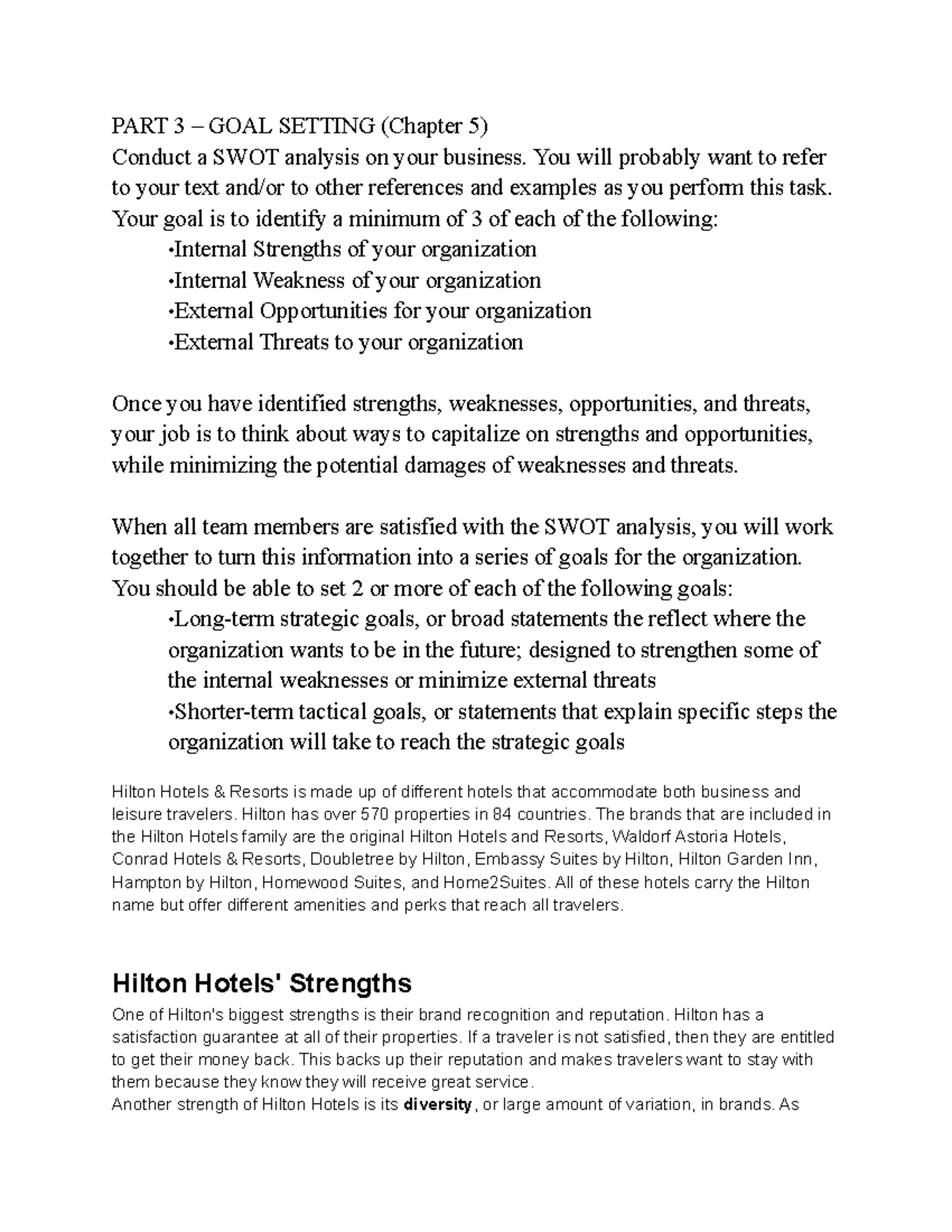 Hilton Part 3 GOAL Setting - PART 3 – GOAL SETTING (Chapter 5) Conduct ...