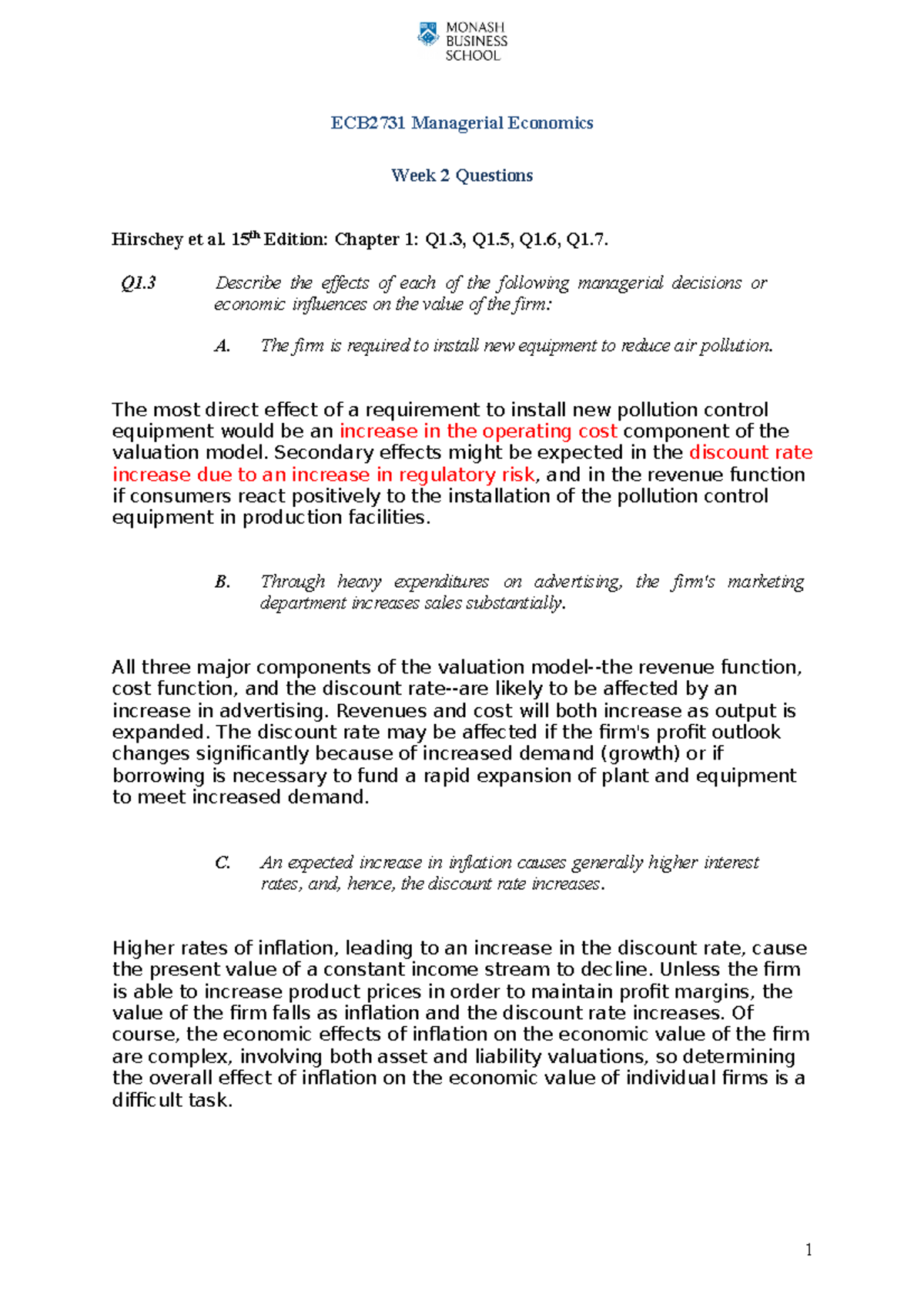 Week 2 Introduction questions - ECB2731 Managerial Economics Week 2 ...