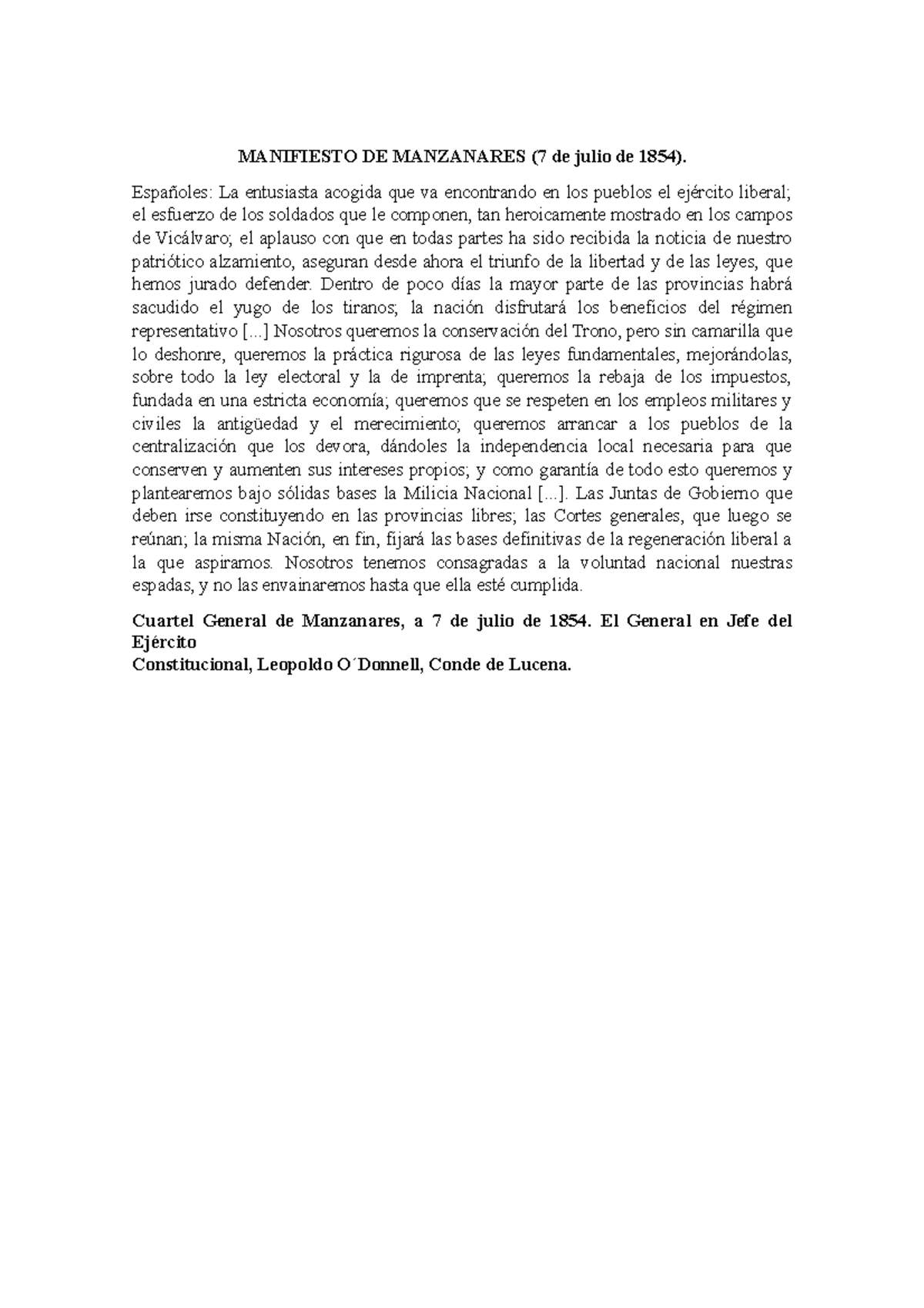 Manifiesto de Manzanares - MANIFIESTO DE MANZANARES (7 de julio de 1854 ...