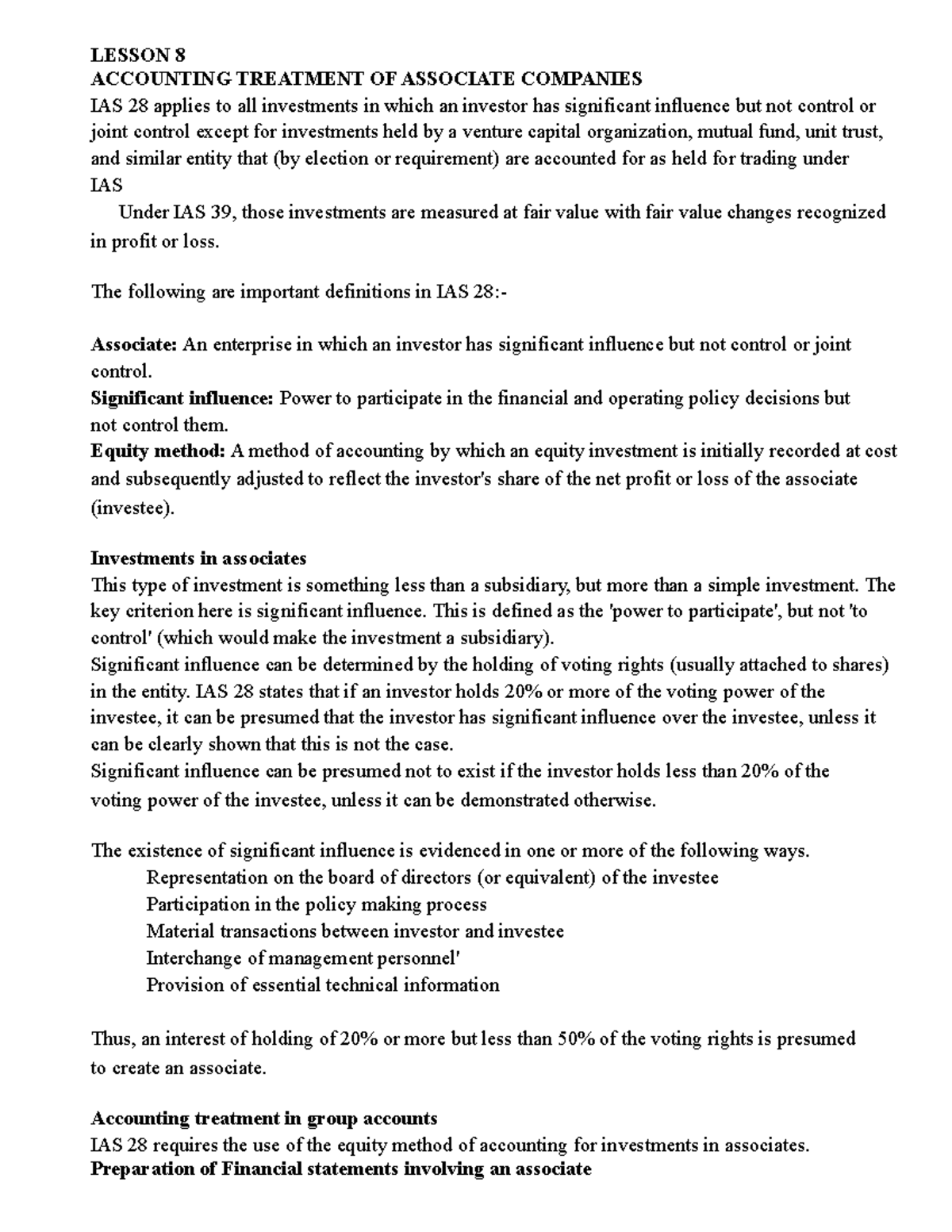 Lesson 8 - lecture notes - LESSON 8 ACCOUNTING TREATMENT OF ASSOCIATE ...