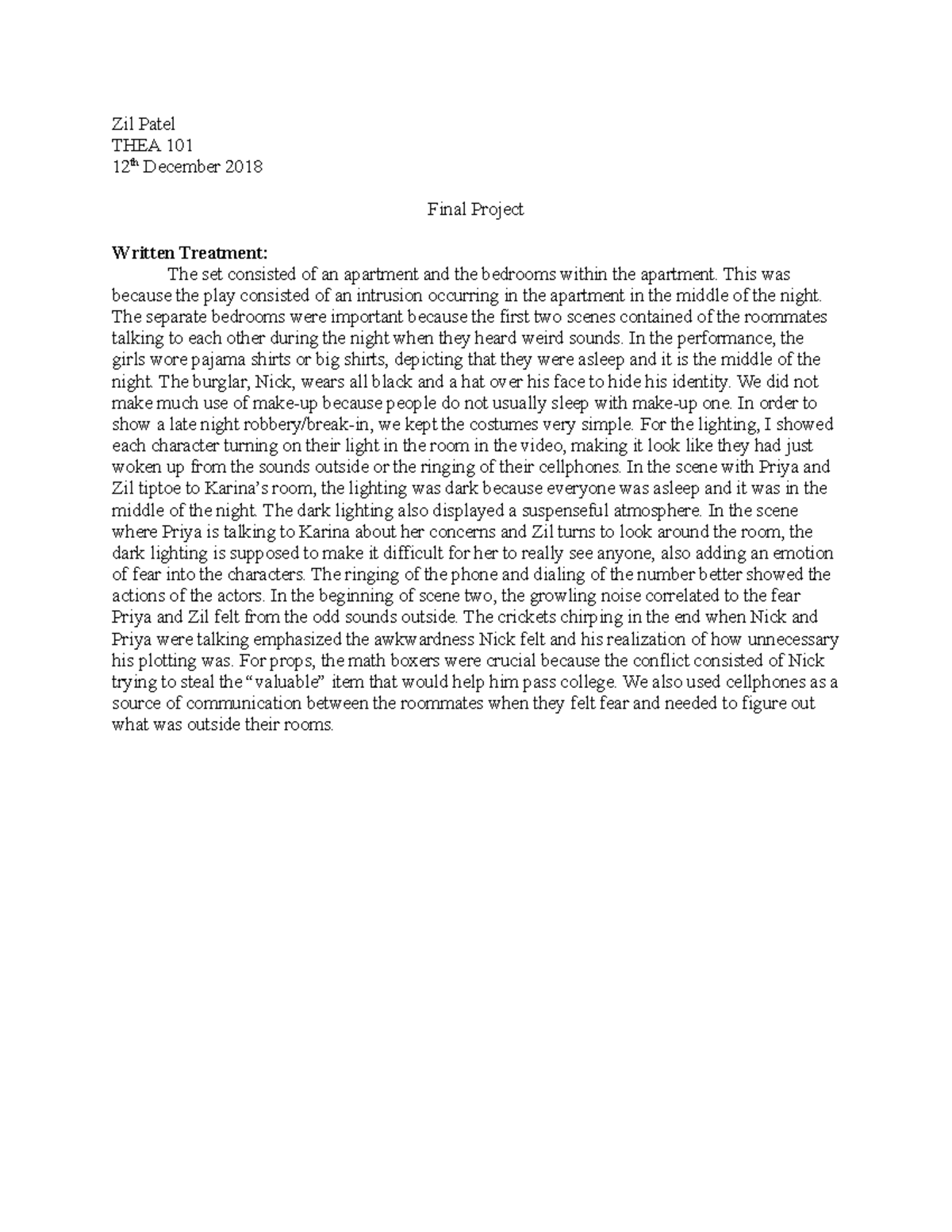Final Project Zil Patel - Zil Patel THEA 101 12 th December 2018 Final ...