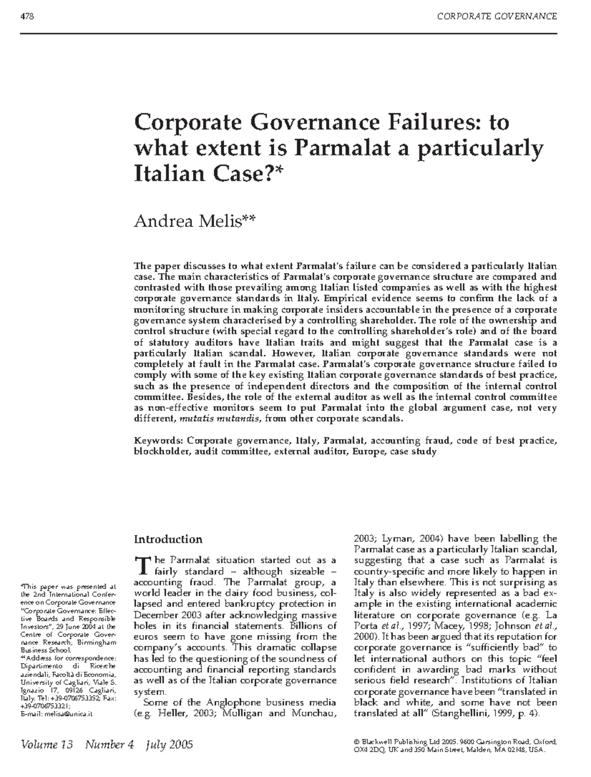 Corporate Governance Failures - 478 CORPORATE GOVERNANCE © Blackwell ...