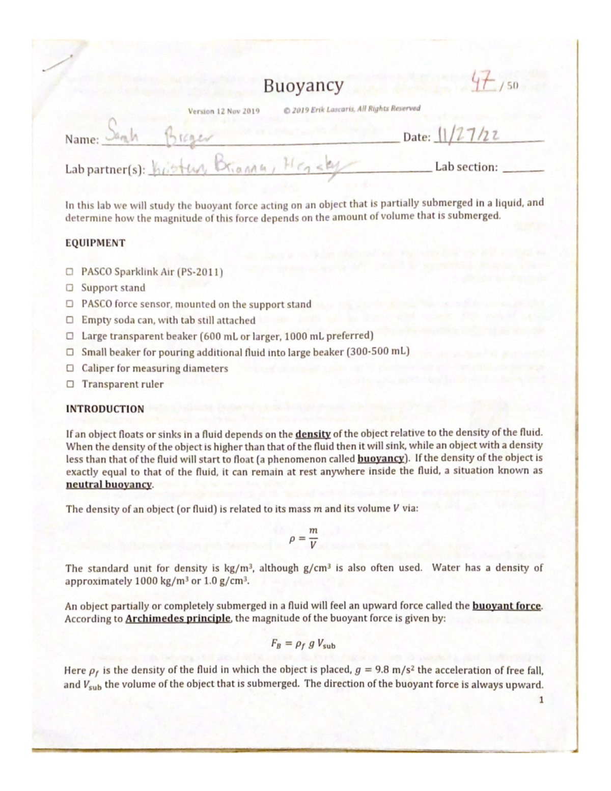 Buoyancy Lab Report - PHY 111 - Studocu