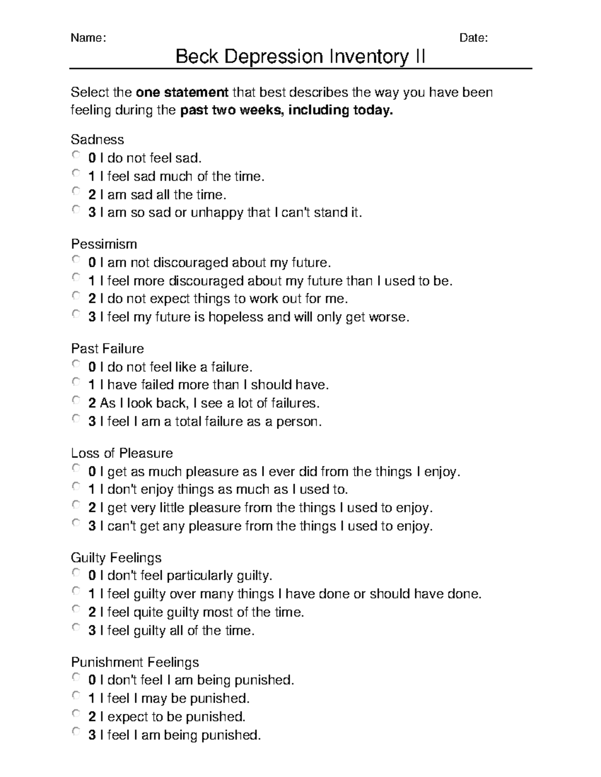Beck Depression Inventory II - Name: Date: Beck Depression Inventory II ...