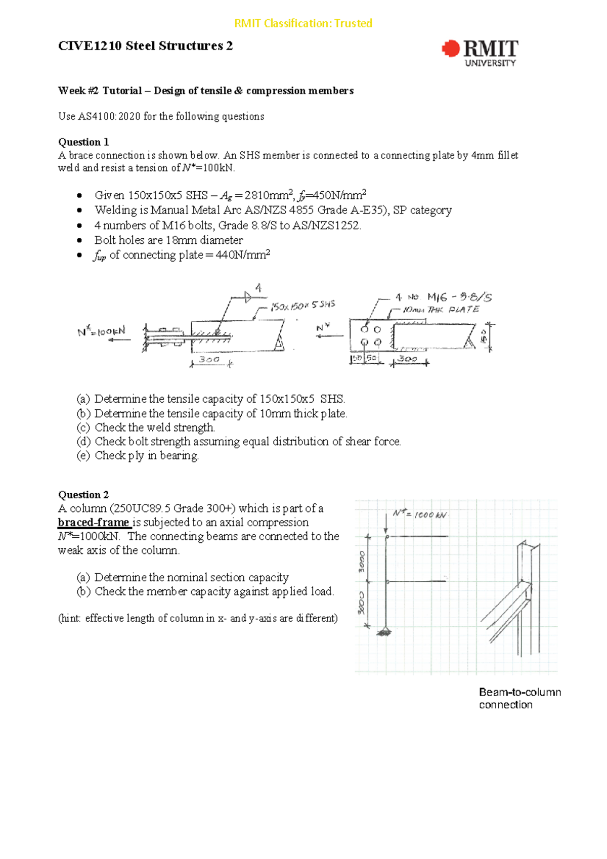CIVE1210 Tutorial 2 tension compression (ans) - CIVE1 210 Steel Structures 2 RMIT Classification ...