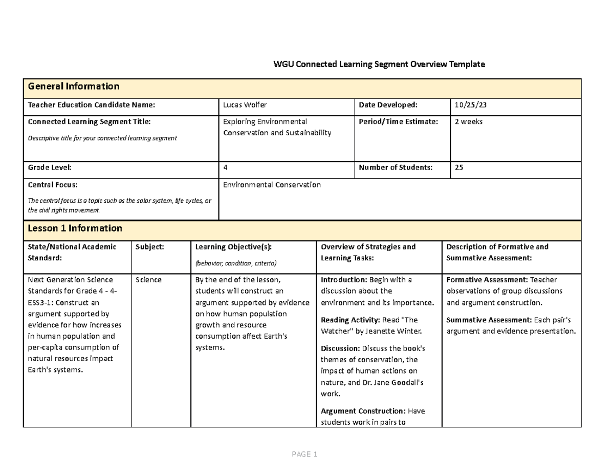 C269 task 2 - passed - WGU Connected Learning Segment Overview Template General Information ...