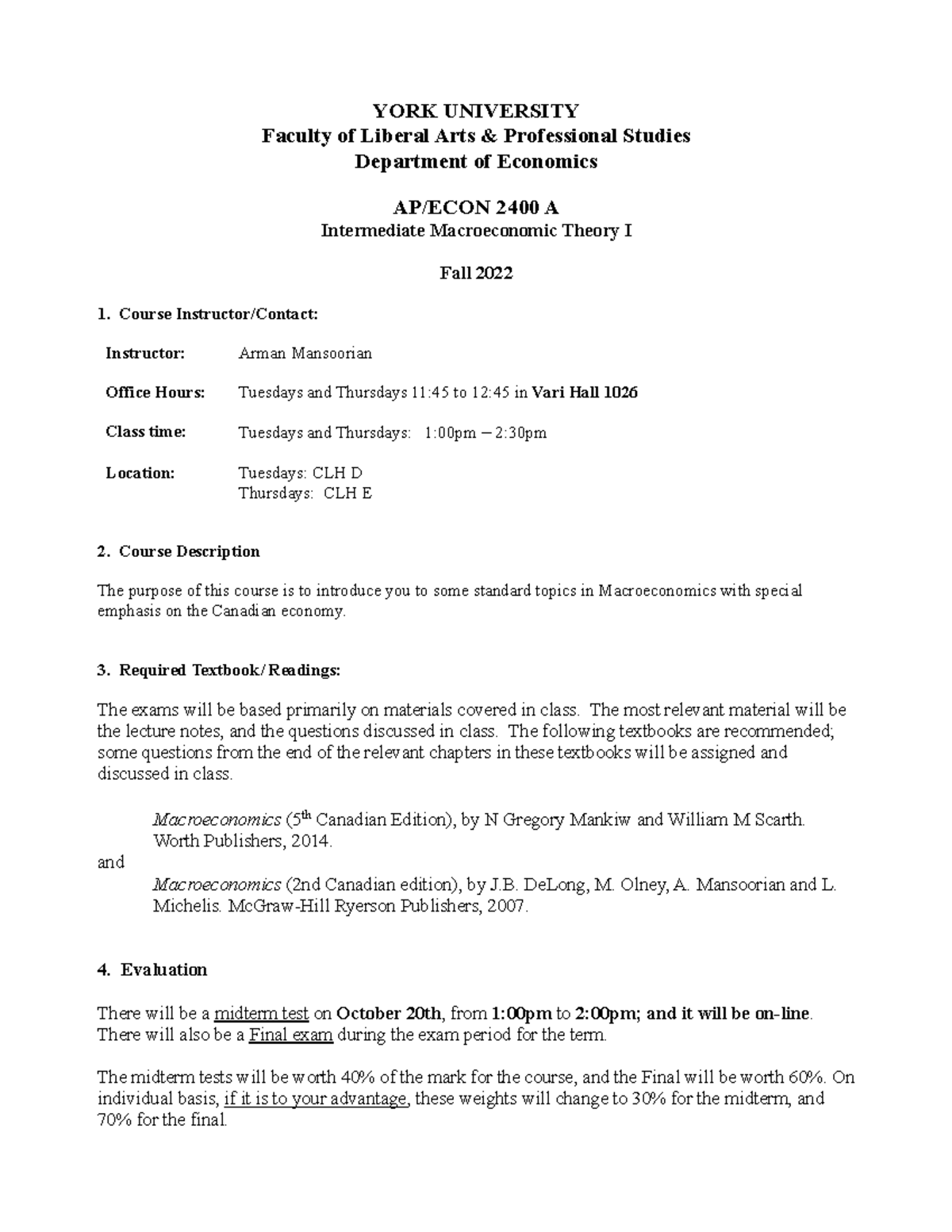 AP ECON 2400 A Mansoorian F22 Course Outline - YORK UNIVERSITY Faculty ...