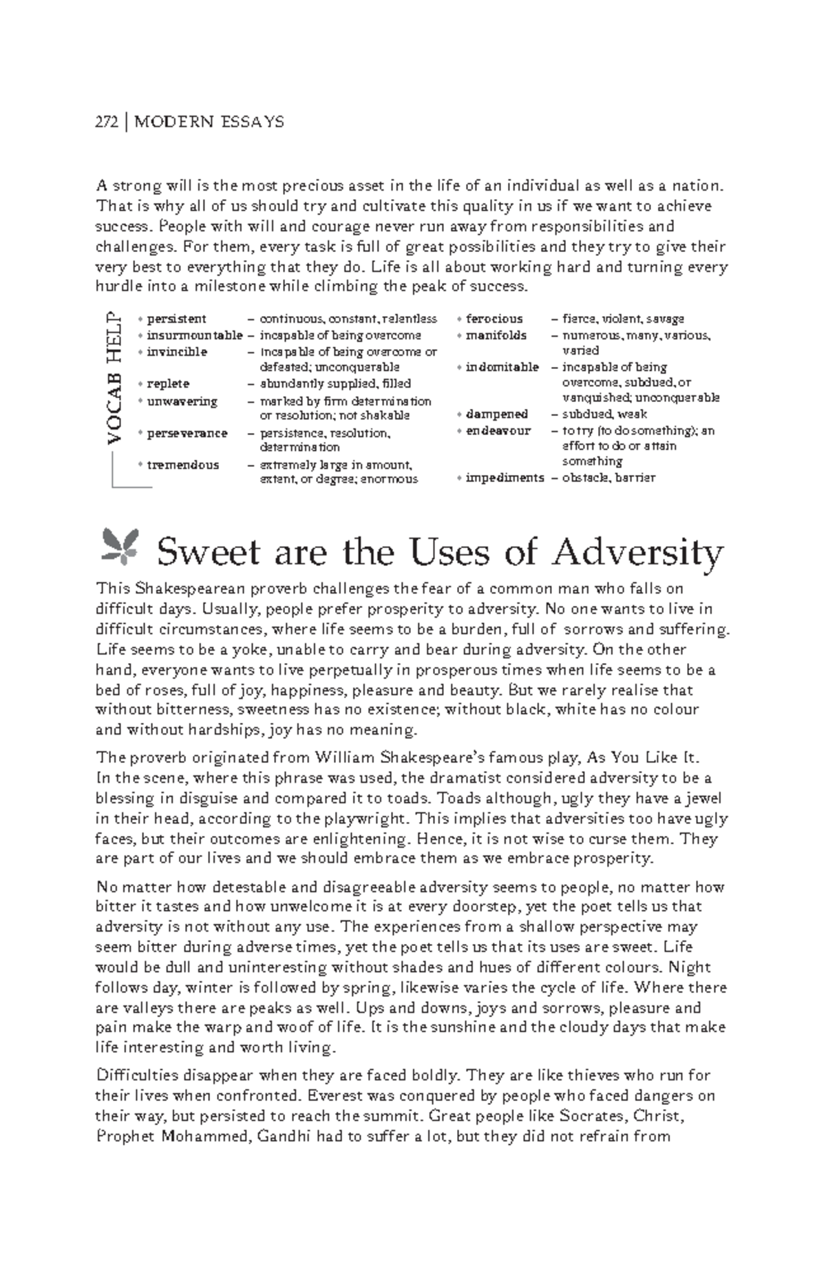 Essay topic, Sweet are the uses of Adversity - A strong will is the ...