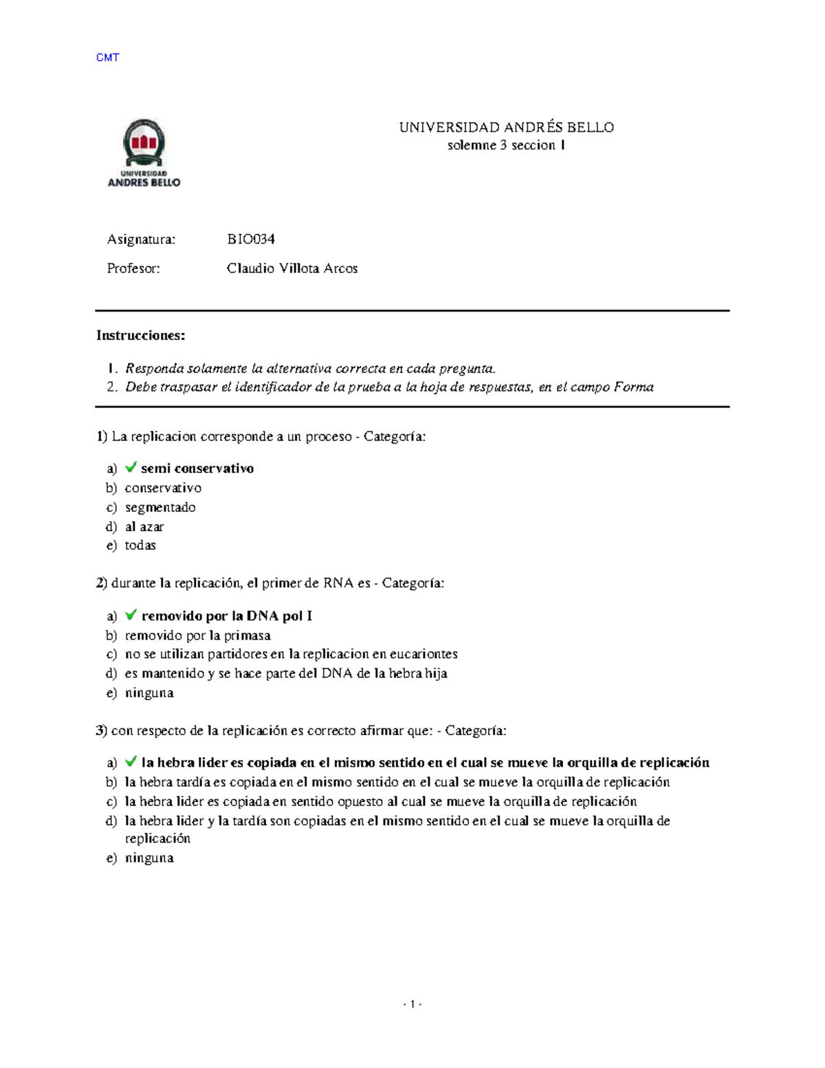 Examen 15 Mayo 2016, preguntas y respuestas - CMT UNIVERSIDAD ANDRÉS BELLO solemne 3 seccion 1 ...