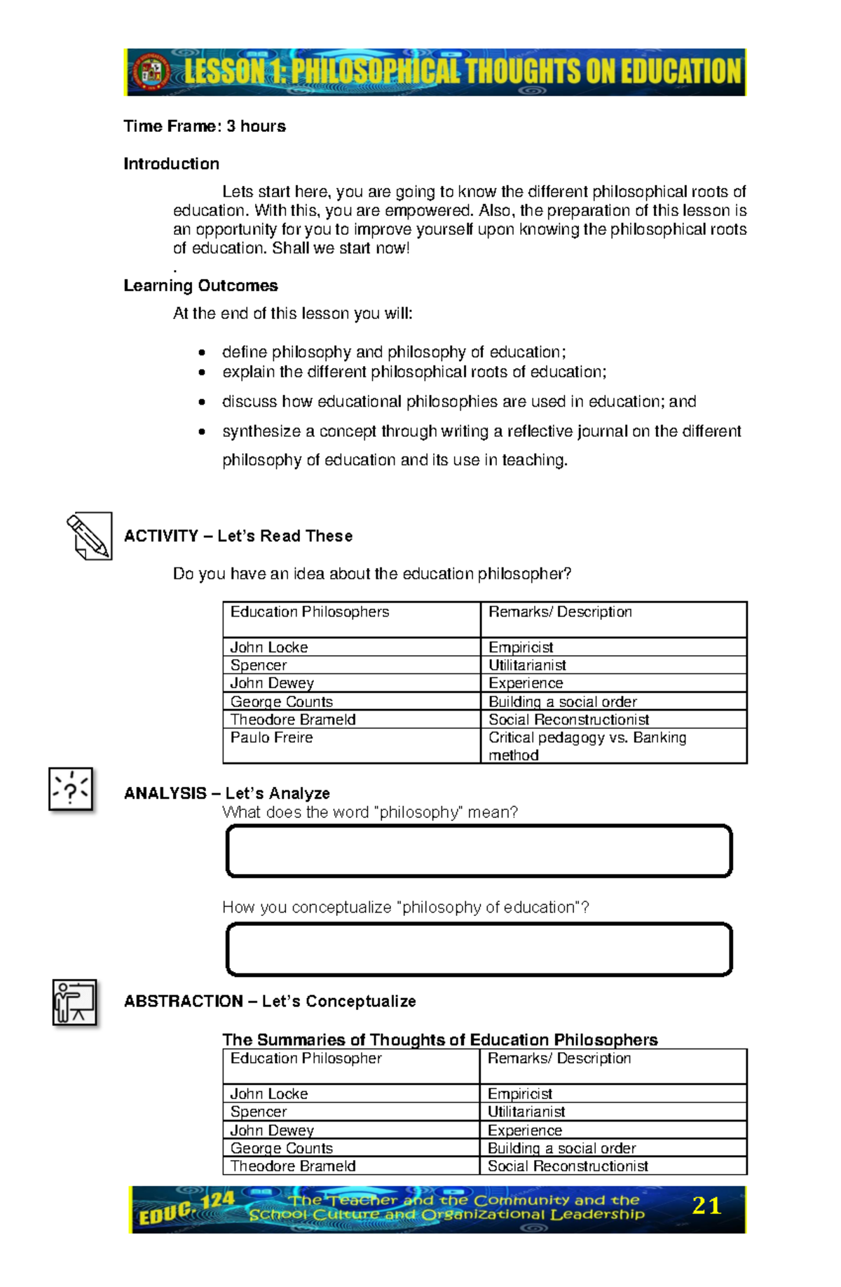M1 Lesson 1 Philosophical Thoughts of Education - Time Frame: 3 hours ...