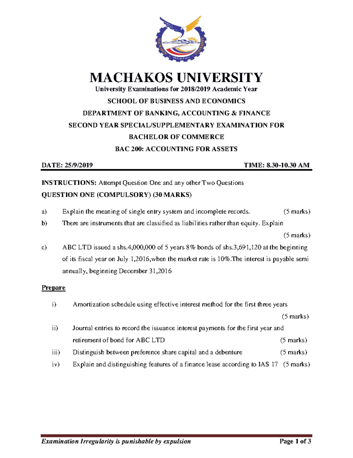BAC 200 Accounting FOR Assets - Examination Irregularity is punishable ...