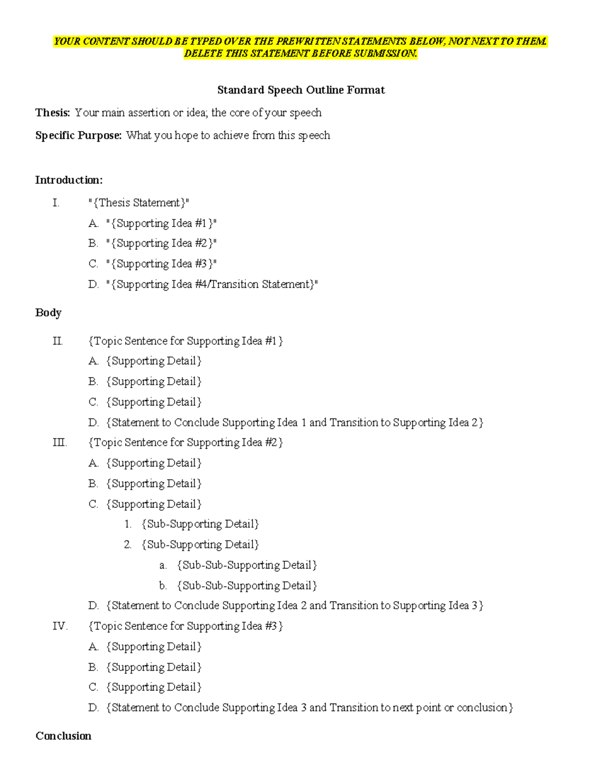 Standard Speech Outline Template - YOUR CONTENT SHOULD BE TYPED OVER ...
