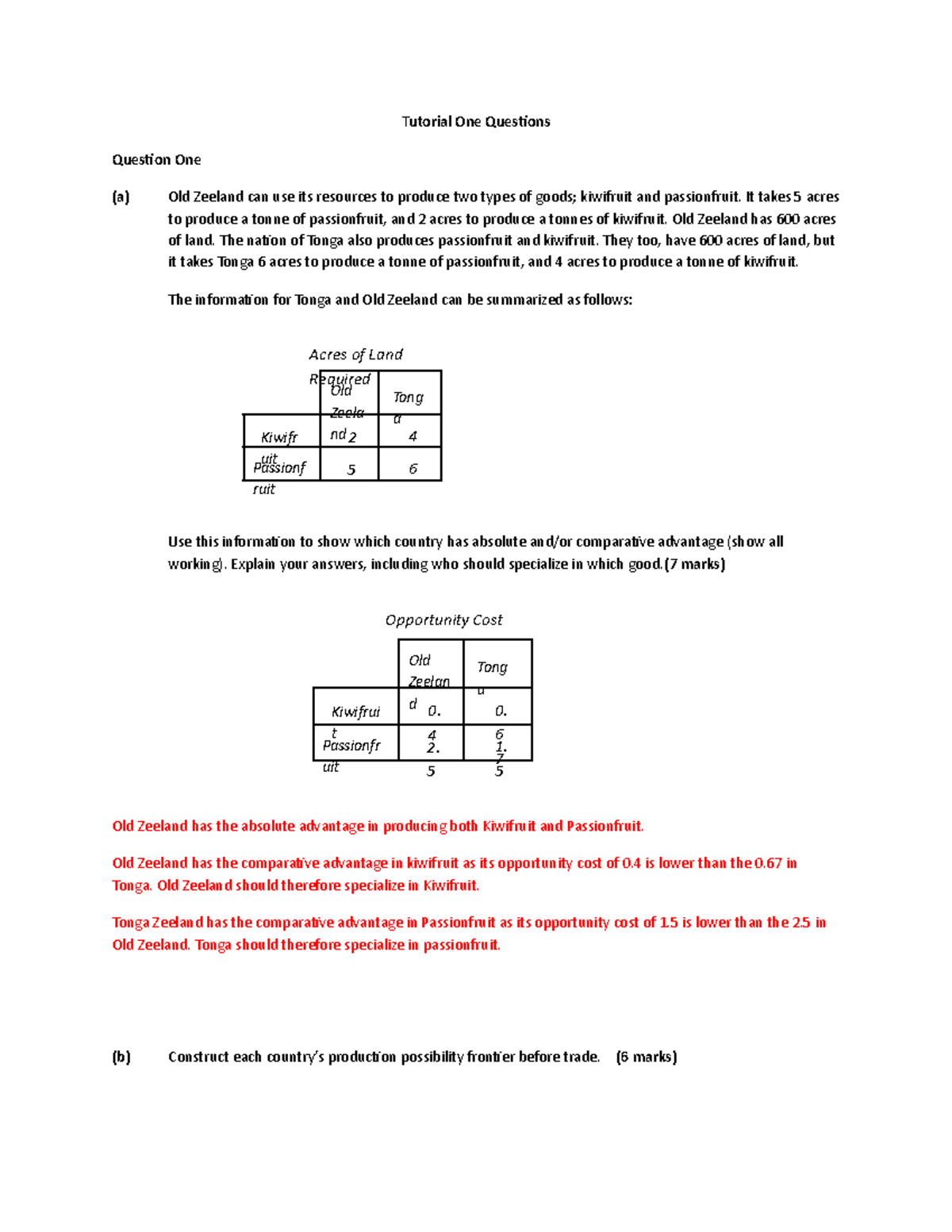 ECON104 T1 - Tutorial One Questions Question One (a) Old Zeeland can use its resources to ...