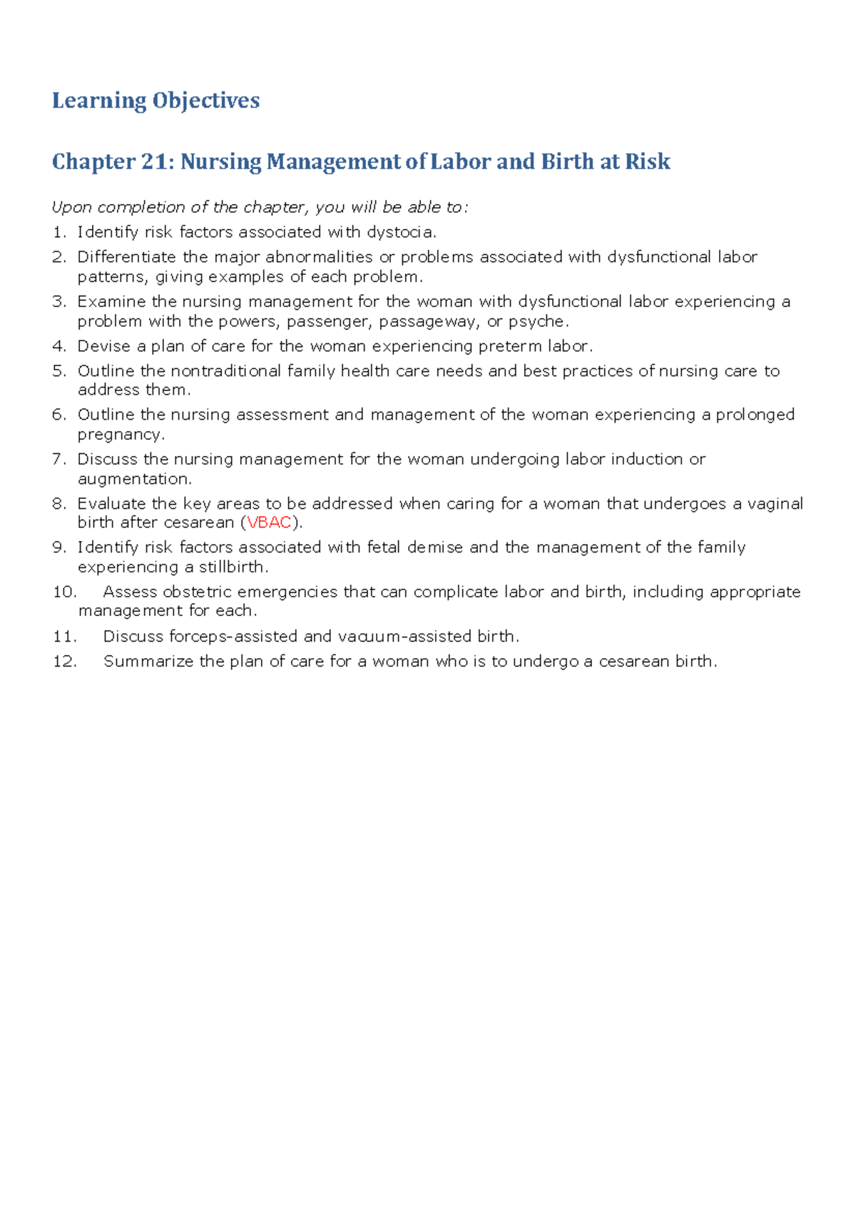 Ricci Kyle 4e LO Chapter 21 - Learning Objectives Chapter 21: Nursing Management of Labor and ...