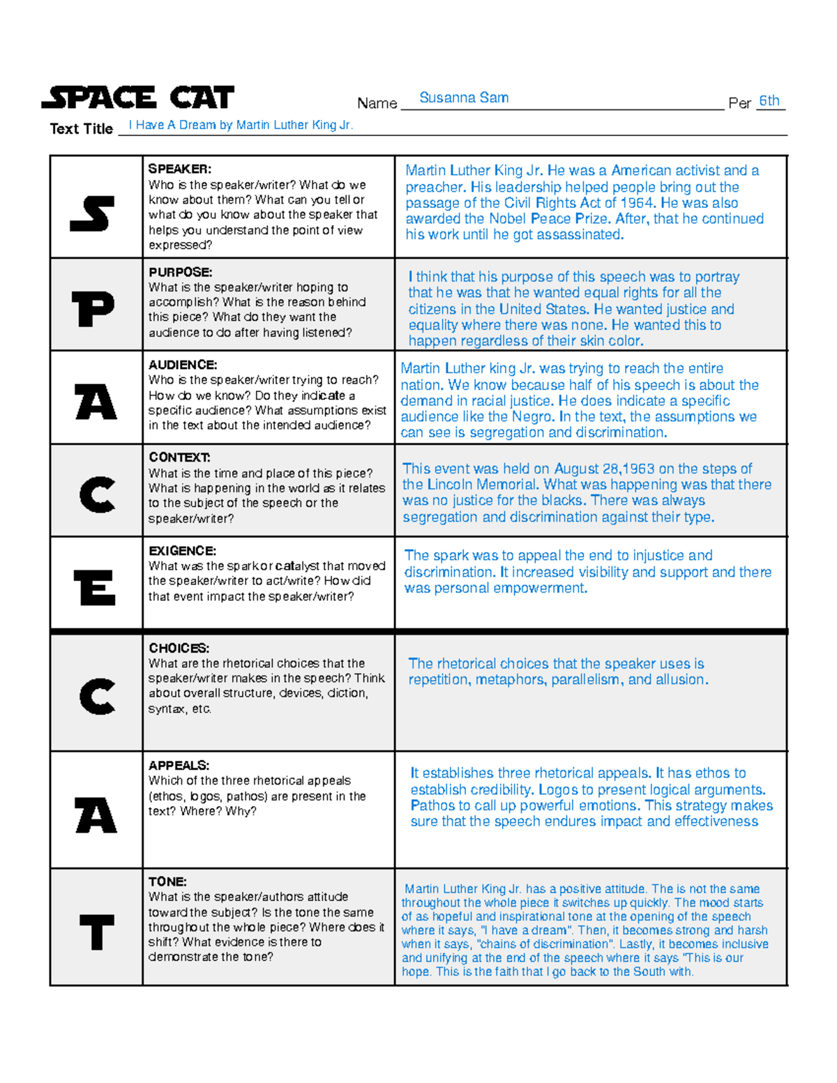 Spacecat Worksheet #1 - I Have A Dream - SPACE CAT Name ...
