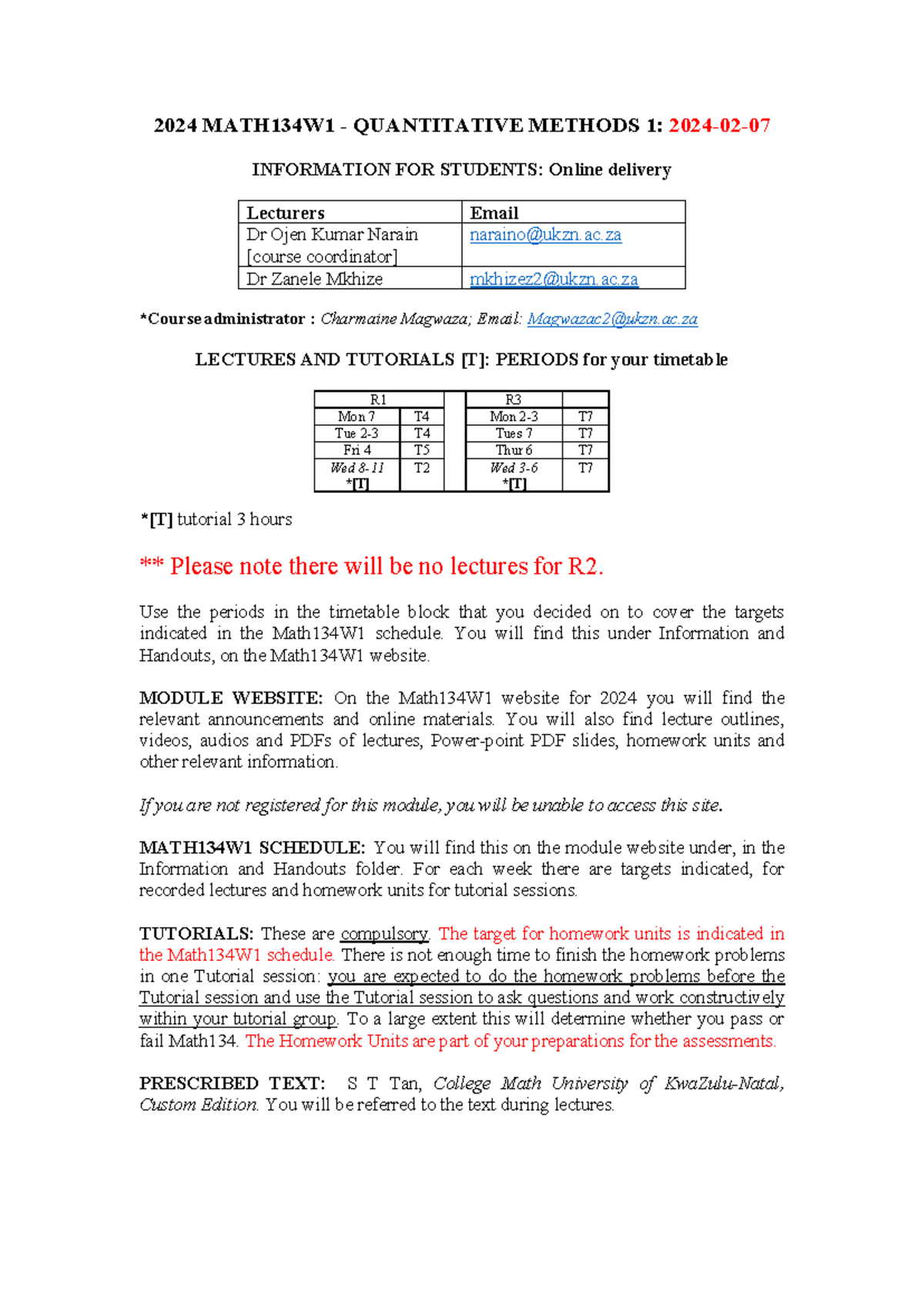 Information Sheet 2024 [7 Feb 2024] - 2024 MATH134W1 - QUANTITATIVE METHODS 1: 2024-02 ...