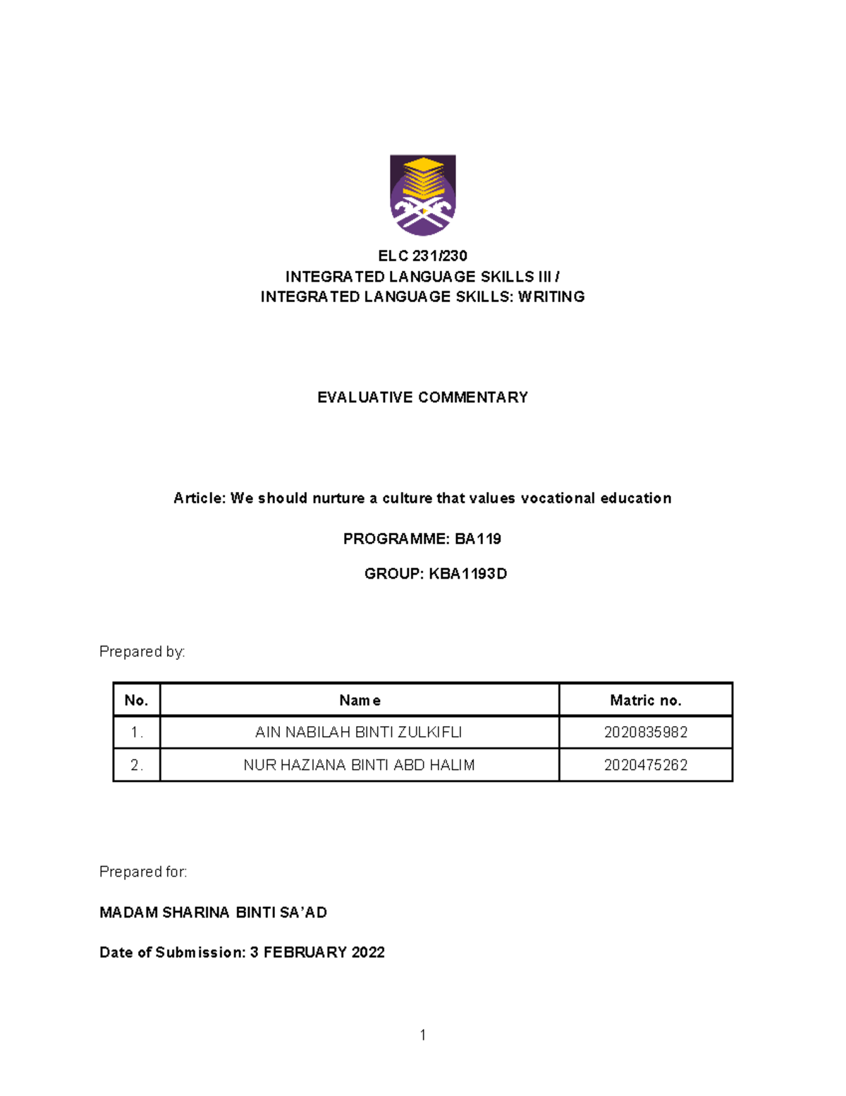 Evaluative commentary - 1 ELC 231/ INTEGRATED LANGUAGE SKILLS III / INTEGRATED LANGUAGE SKILLS ...