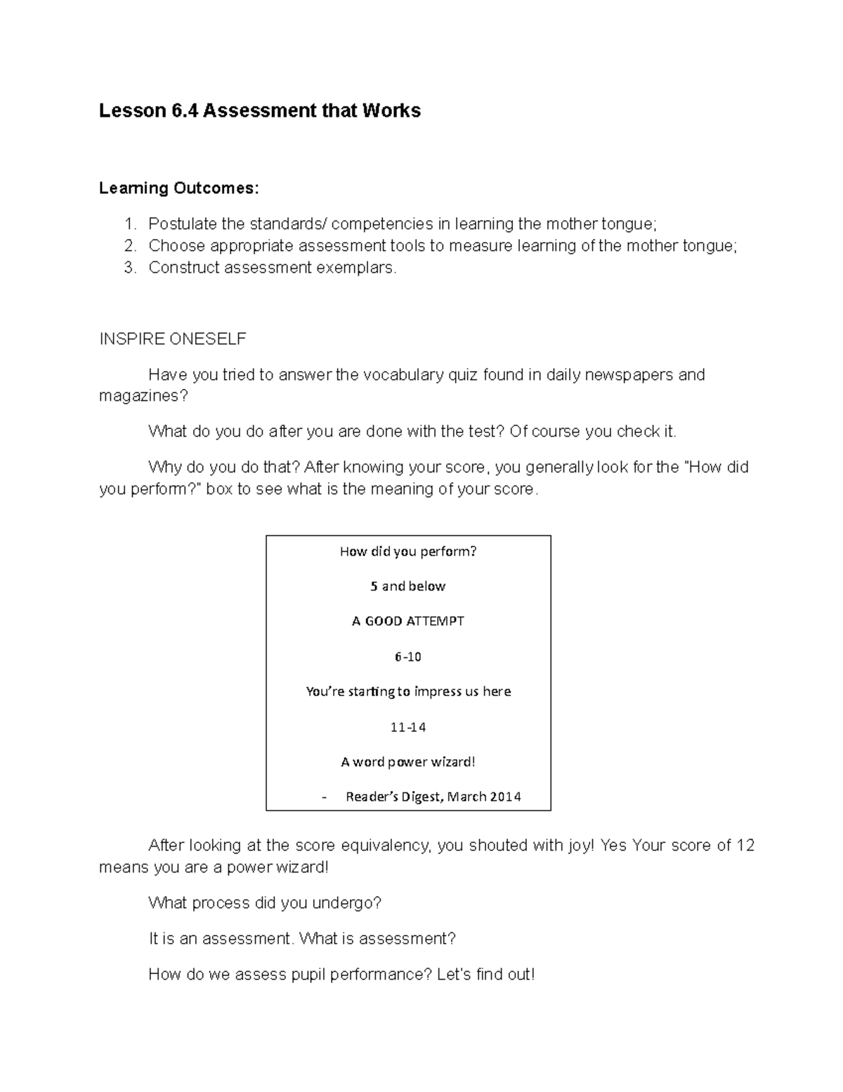 Lesson 6.4 Assessment that works - Lesson 6 Assessment that Works ...