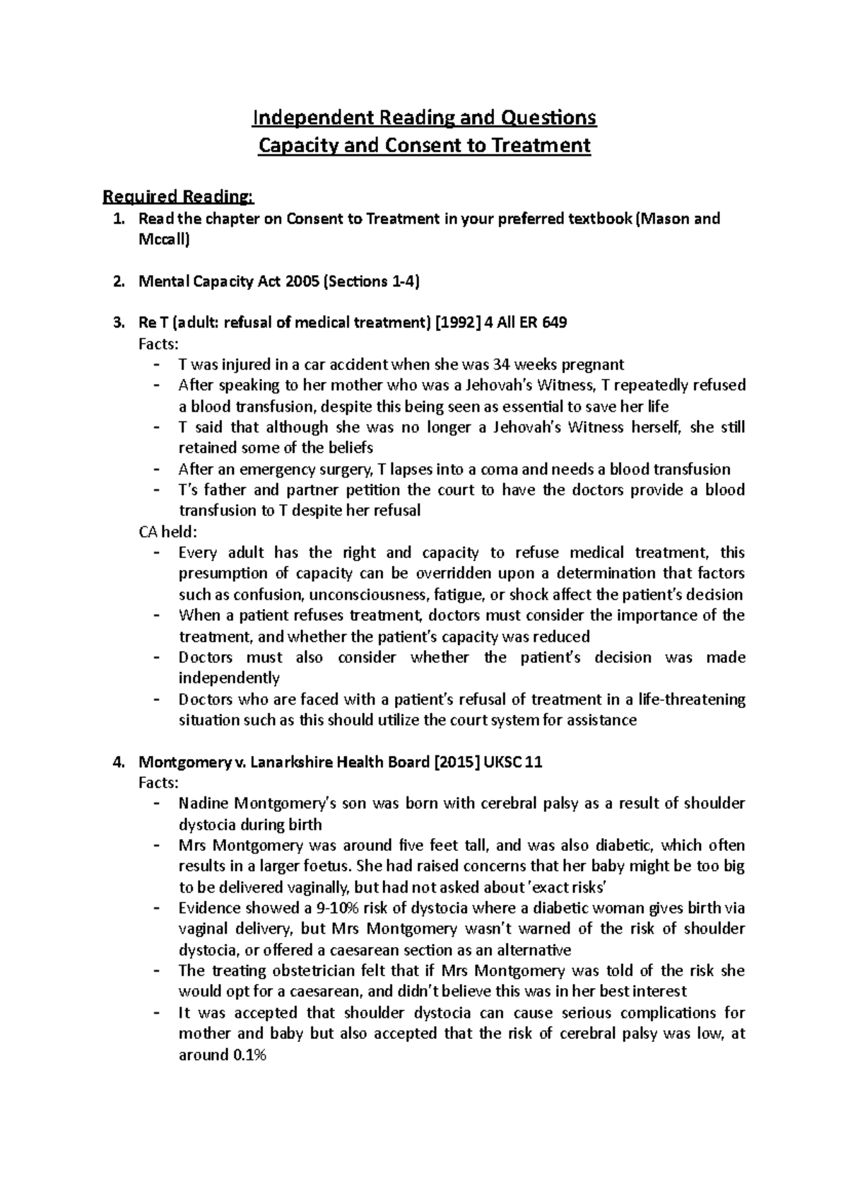 Capacity and Consent to Treatment - Tutorial - Independent Reading and ...