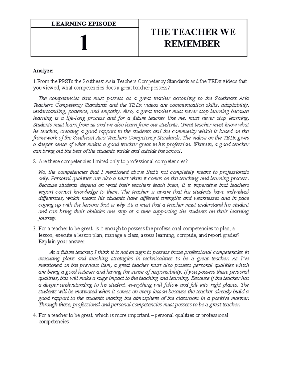 Field Study Complete Episode - LEARNING EPISODE THE TEACHER WE REMEMBER 1 Analyze: 1 the PPSTs ...