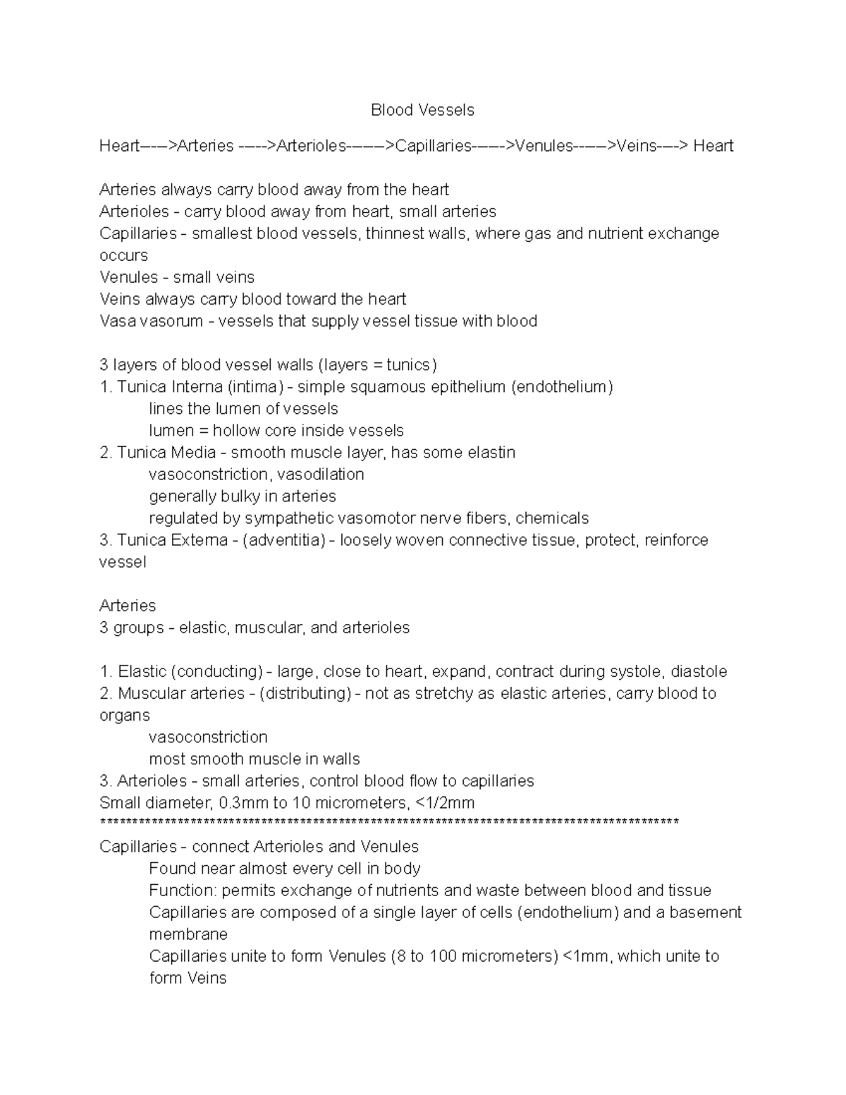 13, Blood Vessel Notes - Blood Vessels Heart->Arteries - Studocu