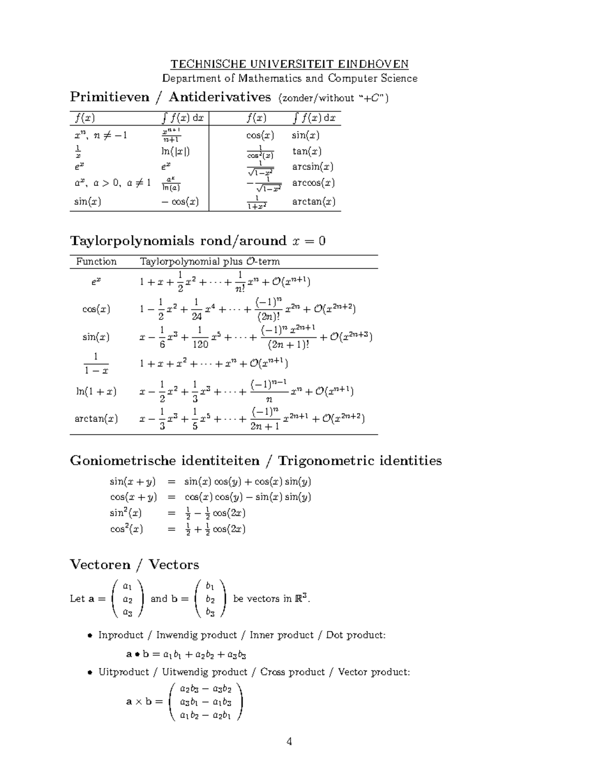Formula Sheet - TECHNISCHE UNIVERSITEIT EINDHOVEN Department of ...