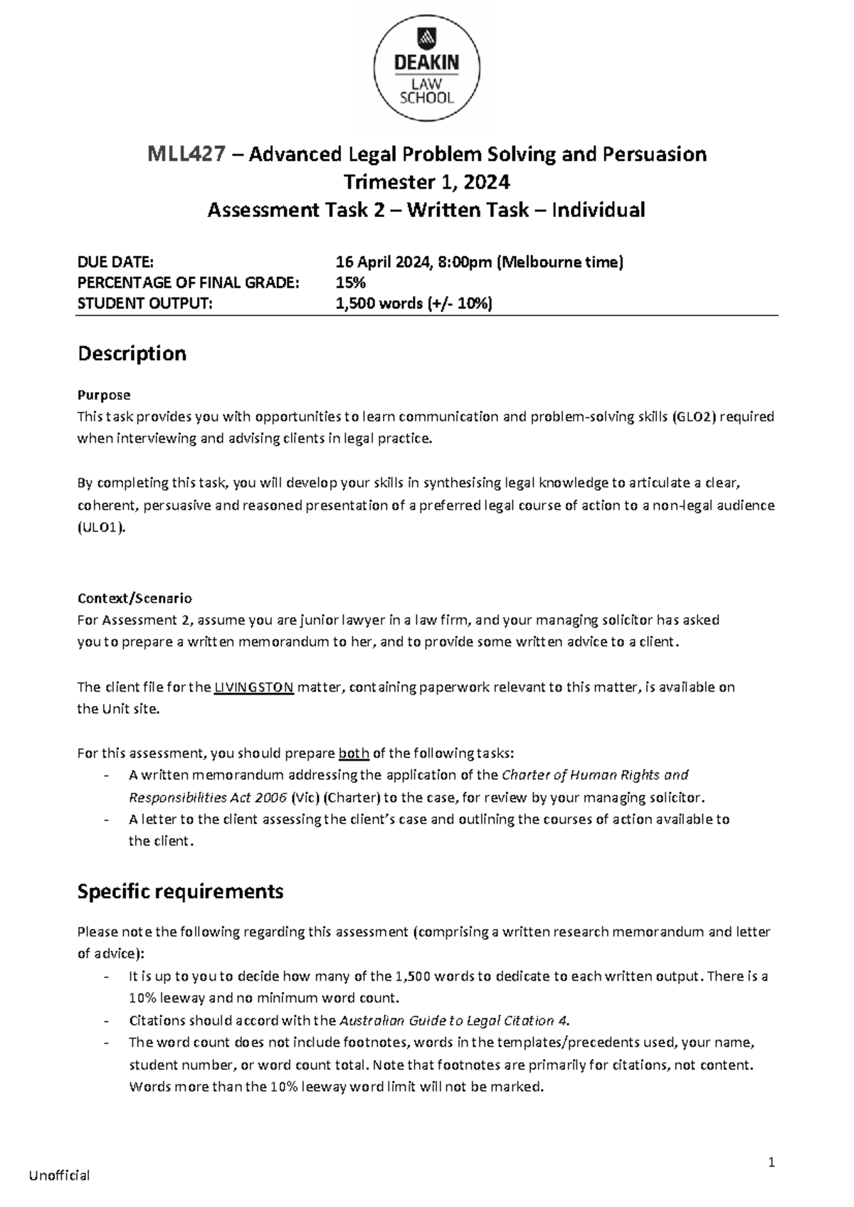 MLL427 T12024 AT2 Assessment Brief - 1 MLL427 – Advanced Legal Problem ...