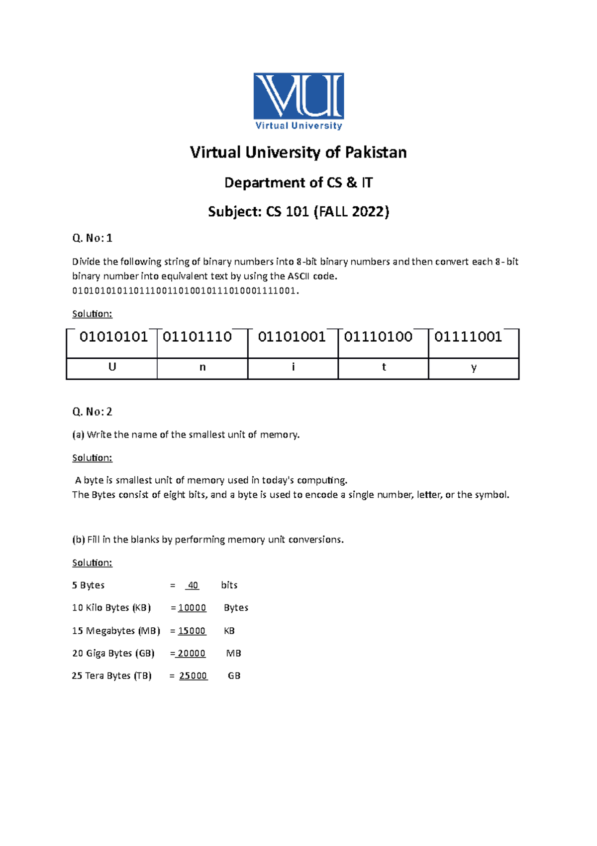 CS 101 Assingment fall 22 - Virtual University of Pakistan Department of CS & IT Subject: CS 101 ...