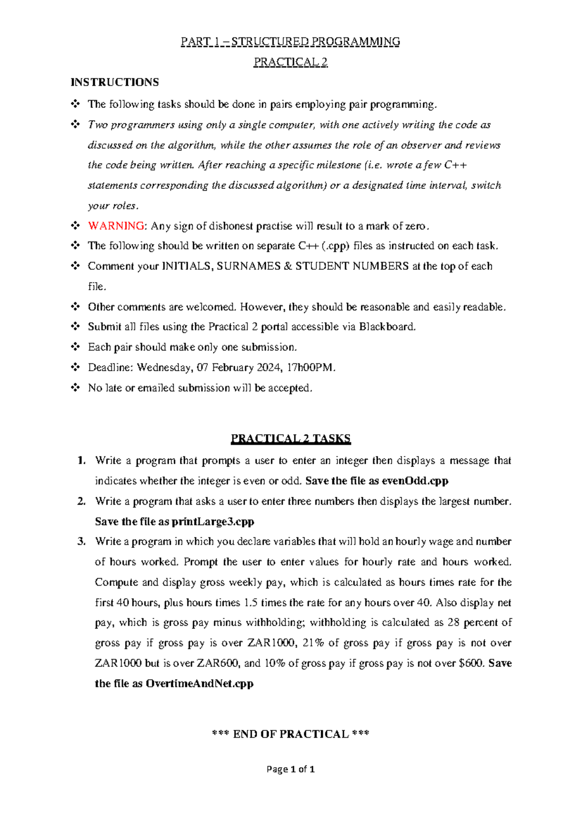 SP - Practical 2 - This is a C++ assignment. - PART 1 – STRUCTURED PROGRAMMING PRACTICAL 2 Page ...