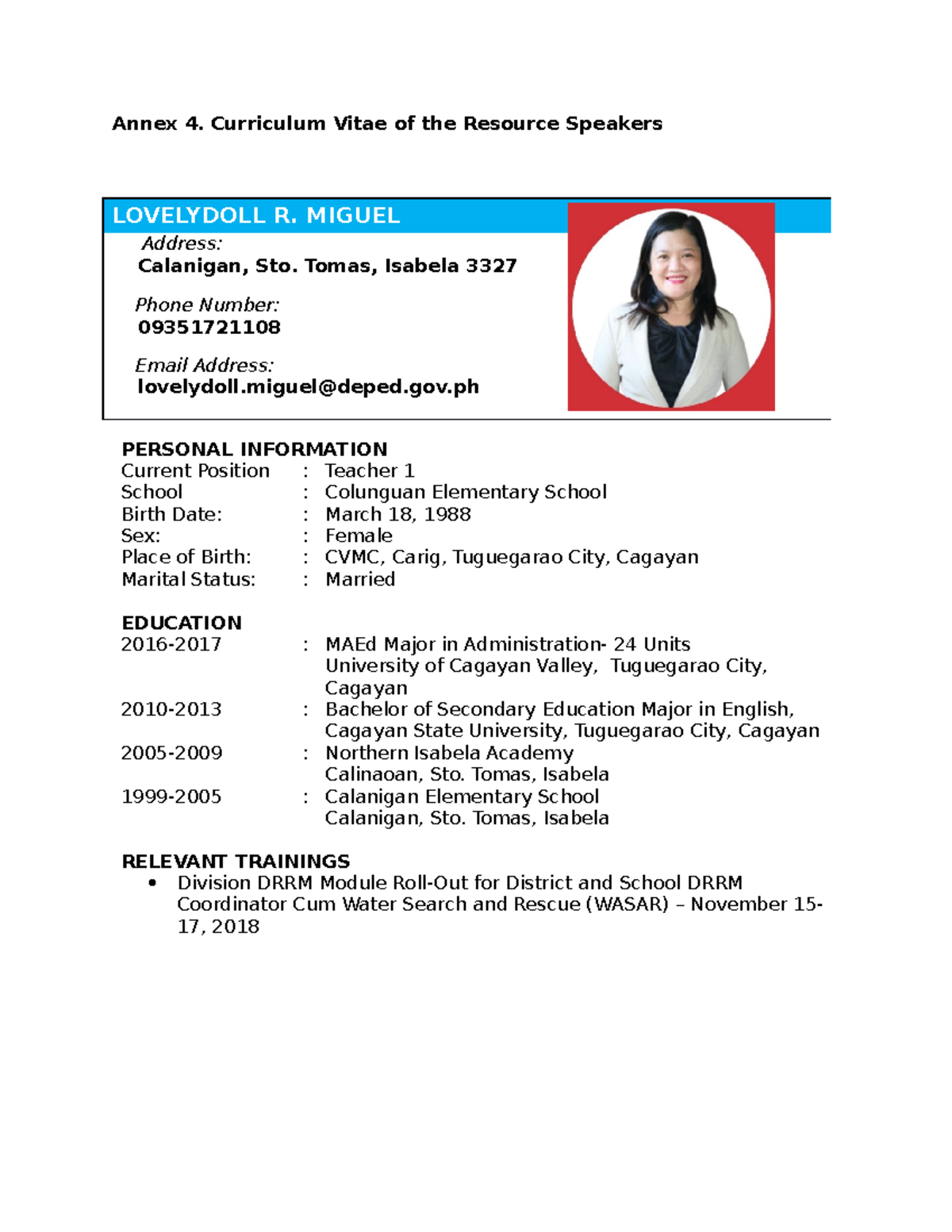 Annex 4 - Curricuum Vitae - Annex 4. Curriculum Vitae of the Resource ...