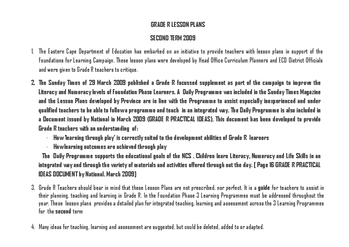 2009 T2 Grade R Lesson Plans - - Studocu