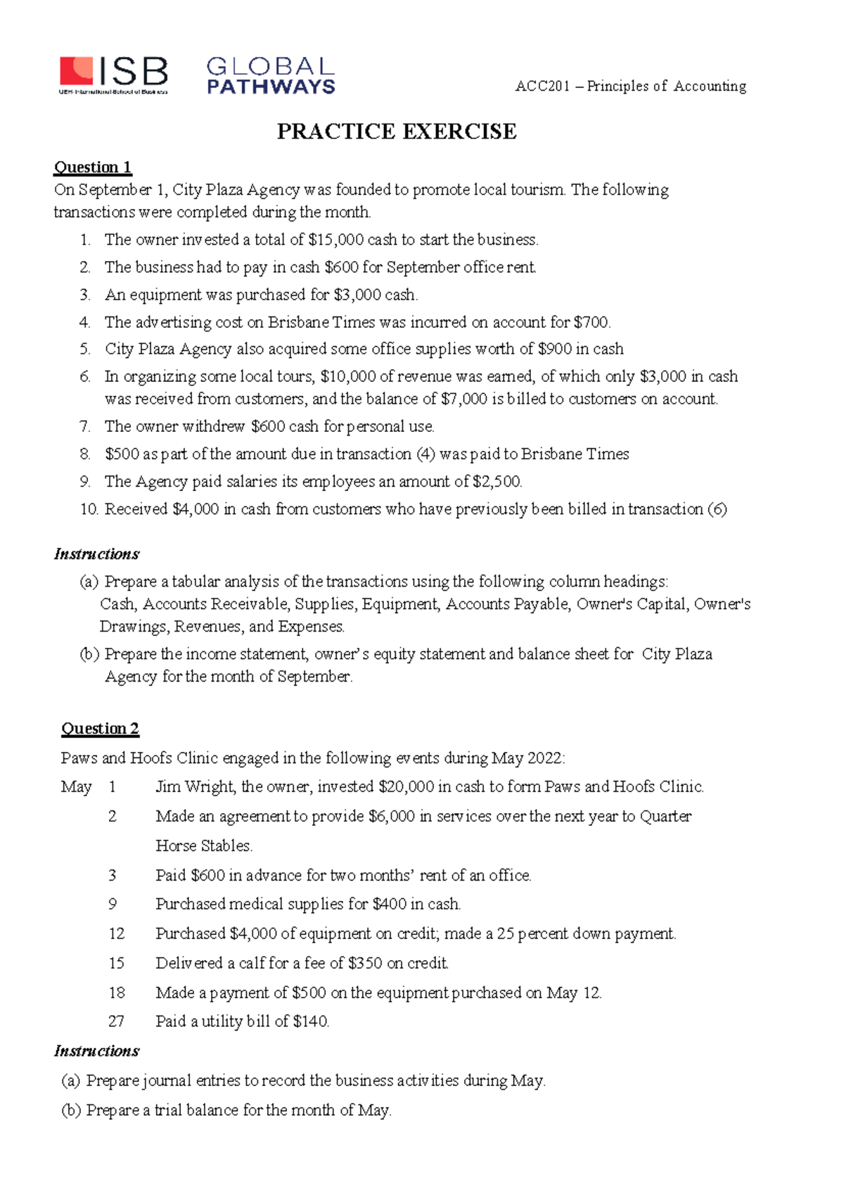 Mid Term Exam Practice Questions - ACC201 – Principles of Accounting ...
