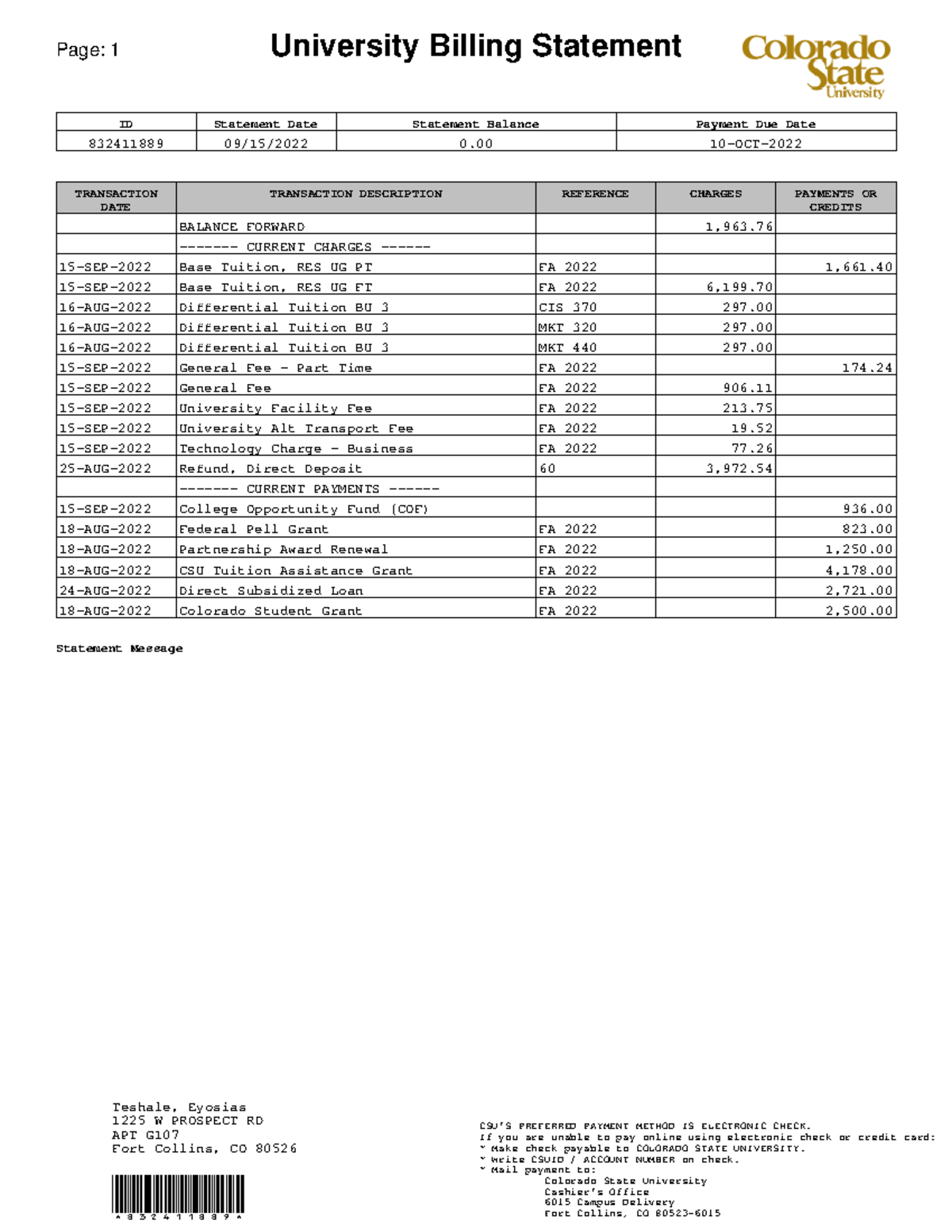 Statement - this is math class - Page: 1 University Billing Statement ...