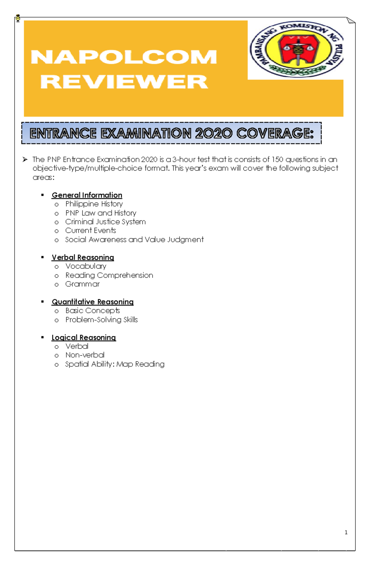 Napolcom Reviewer 2020 - The PNP Entrance Examination 2020 is a 3-hour ...