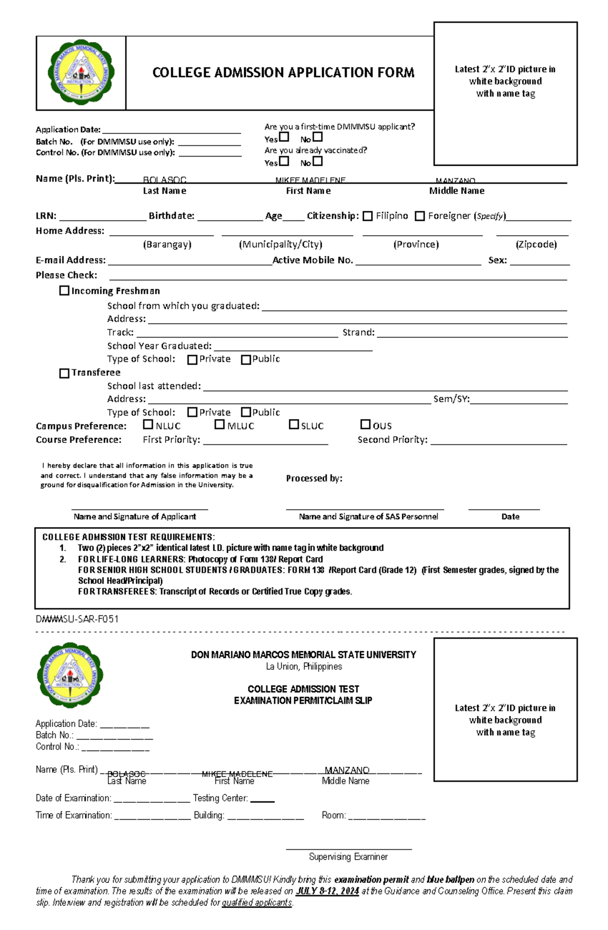 Dmmmsu Application FORM - COLLEGE ADMISSION APPLICATION FORM Latest 2”x ...