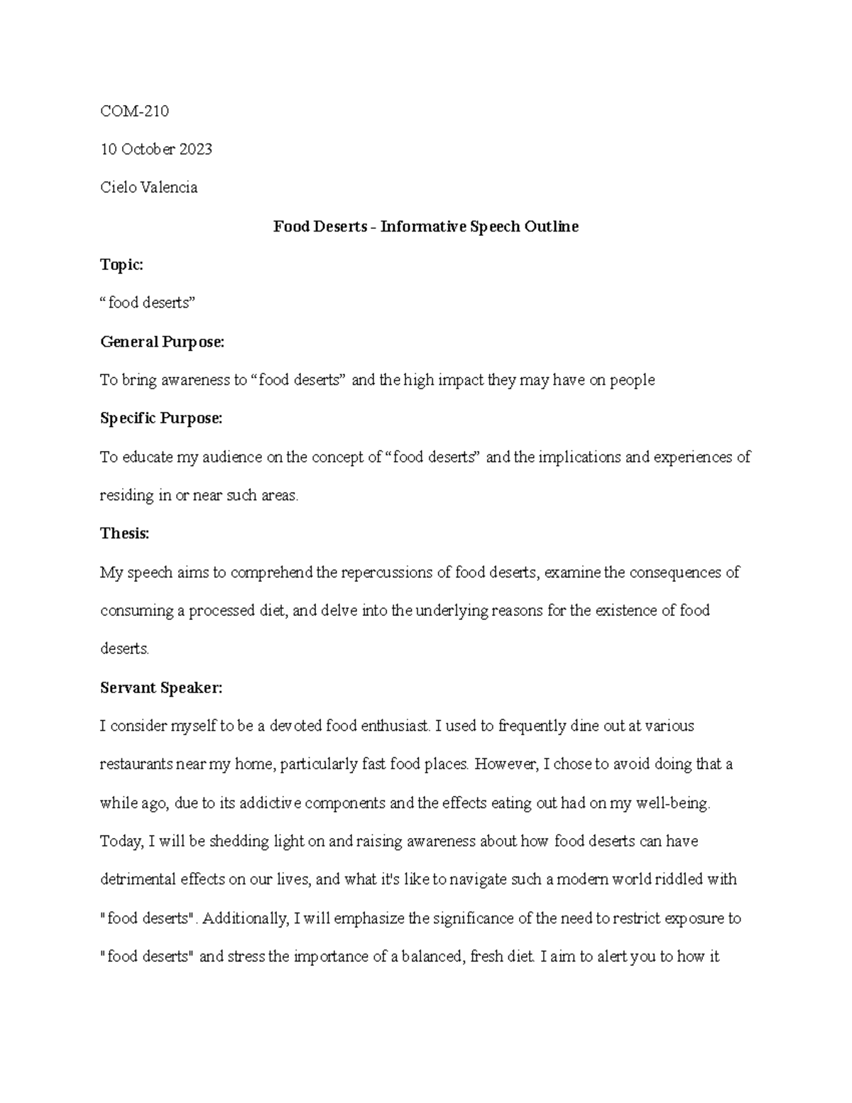 Food desert speech informative - COM- 10 October 2023 Cielo Valencia ...