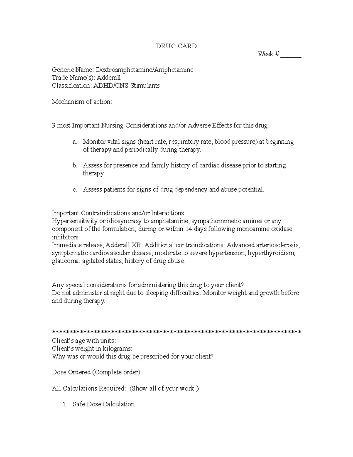 Adderall drug card - nursing drug card - DRUG CARD Week ...