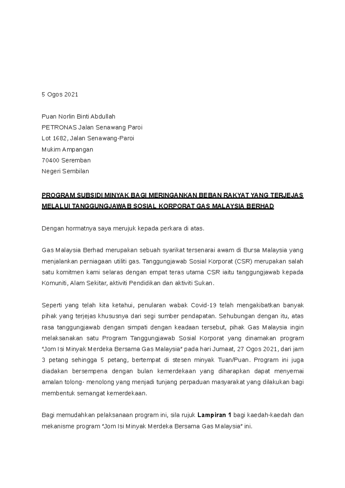 Letter to Petrol Kiosk Owner - Seremban - 5 Ogos 2021 Puan Norlin Binti ...