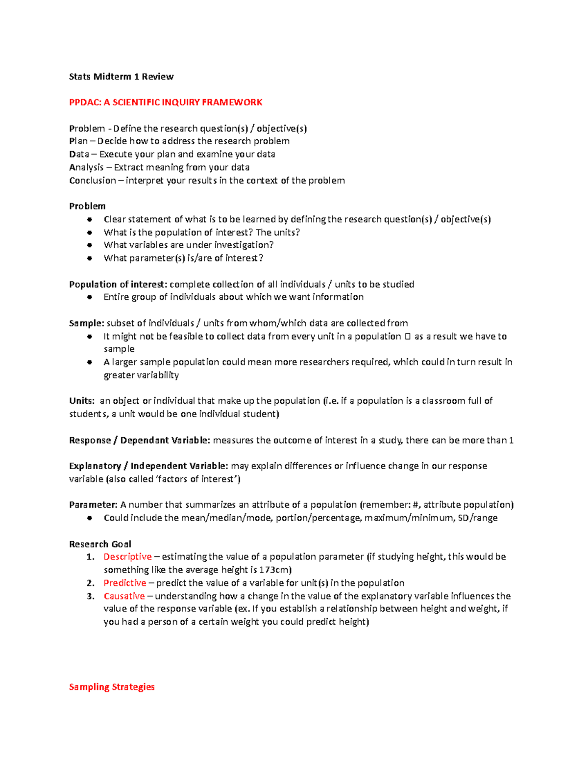 Stats Midterm 1 Review - Stats Midterm 1 Review PPDAC: A SCIENTIFIC INQUIRY FRAMEWORK Problem ...
