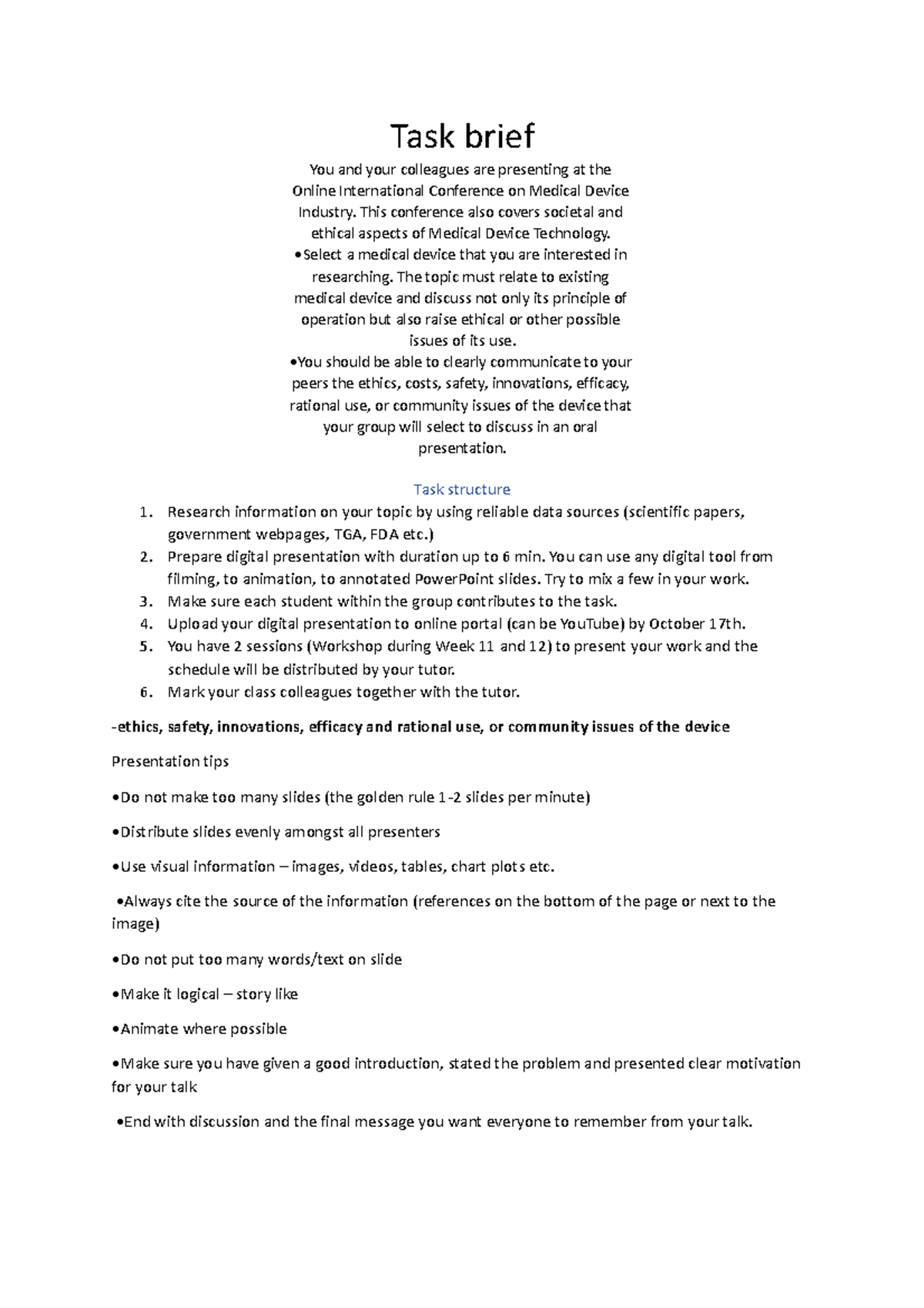 MDD assignment - Presentation notes - Task brief You and your ...