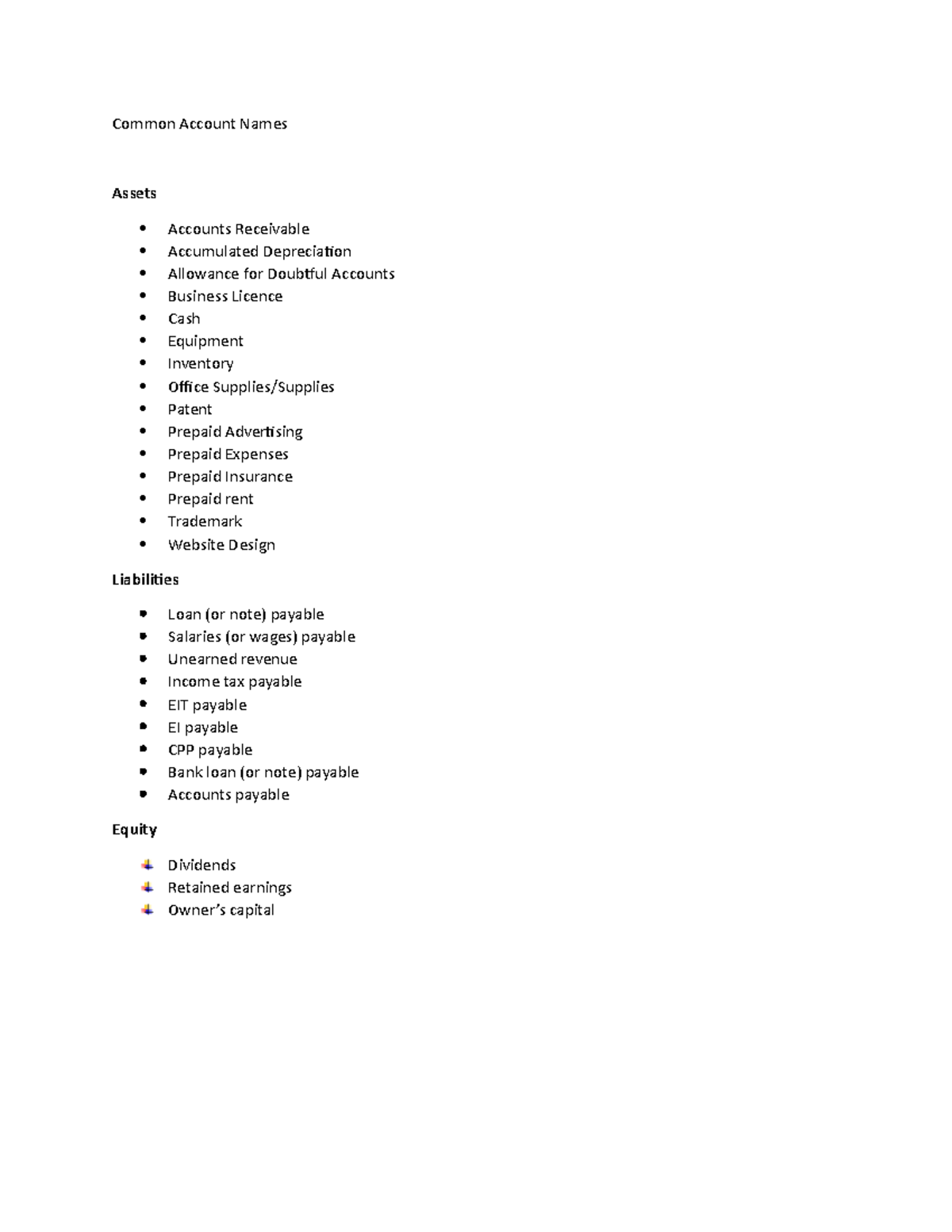 Common Account Names Common Account Names Assets Accounts Receivable