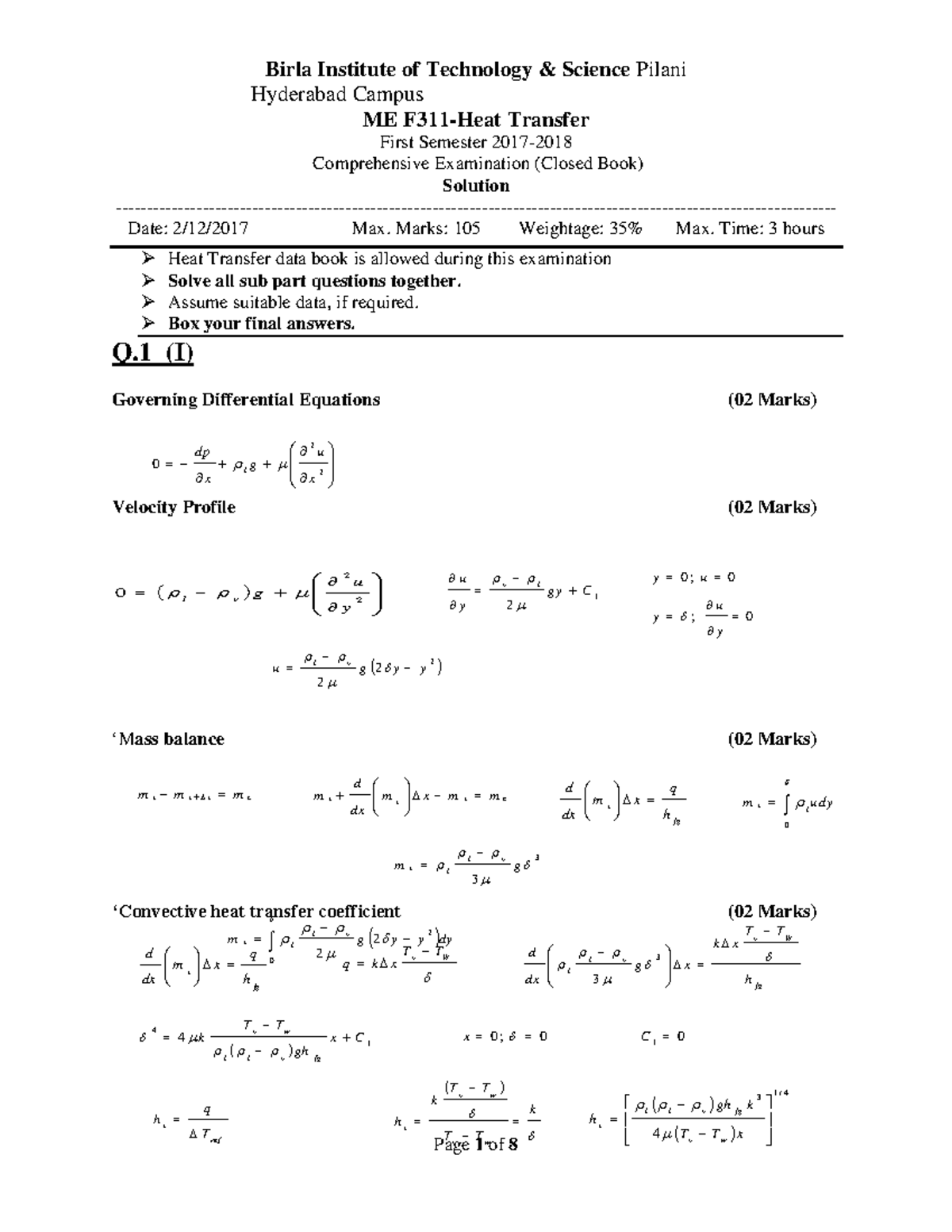 ME F311 Heat transfer compre Solution - Birla Institute of Technology & Science Pilani Hyderabad ...