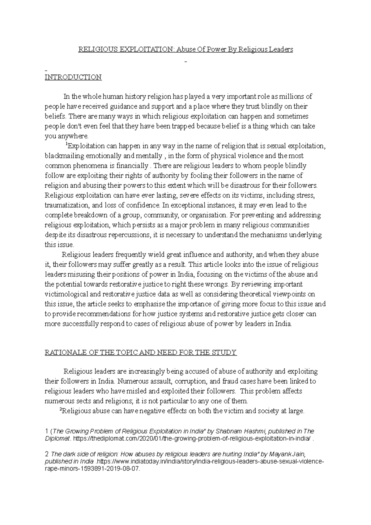 Khushi jaiswal paper - RELIGIOUS EXPLOITATION: Abuse Of Power By ...