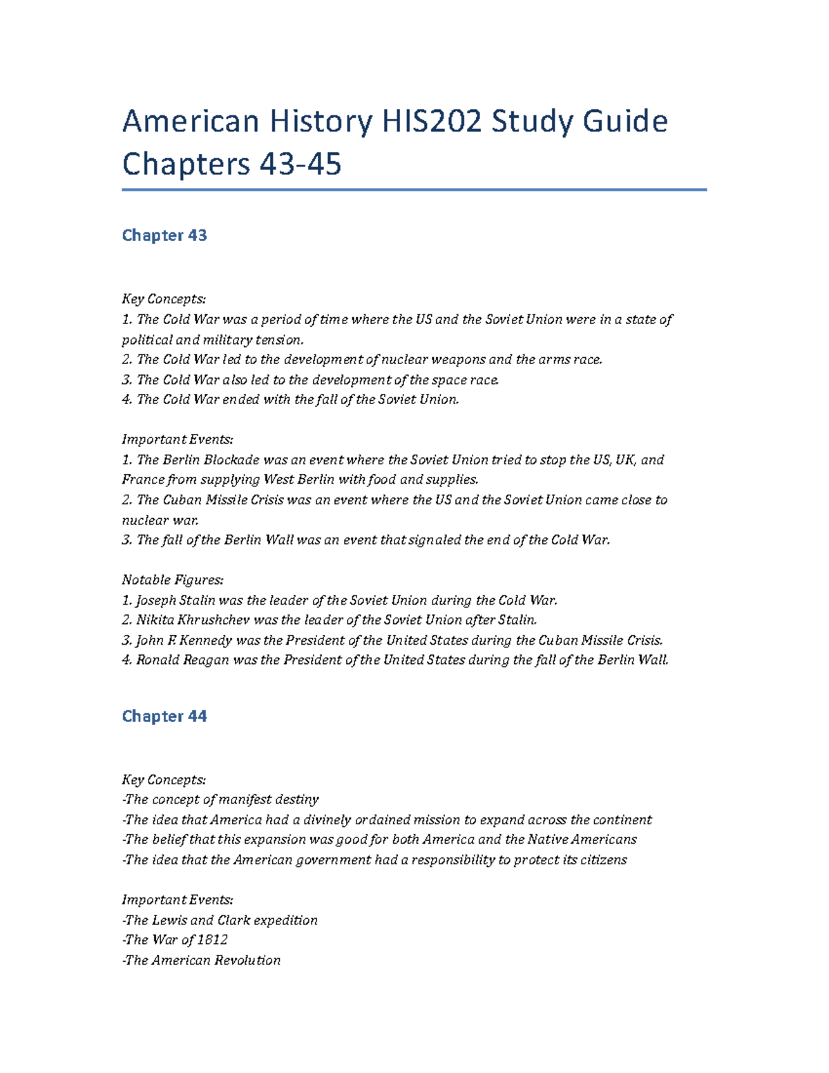 American History HIS202 Study Guide Chapters 43-45 - American History ...