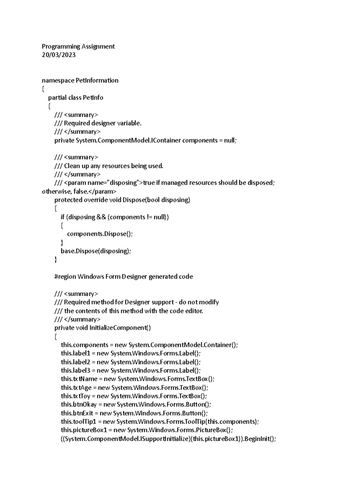 Programming Assignment Programming Assignment 2003 Namespace 1774