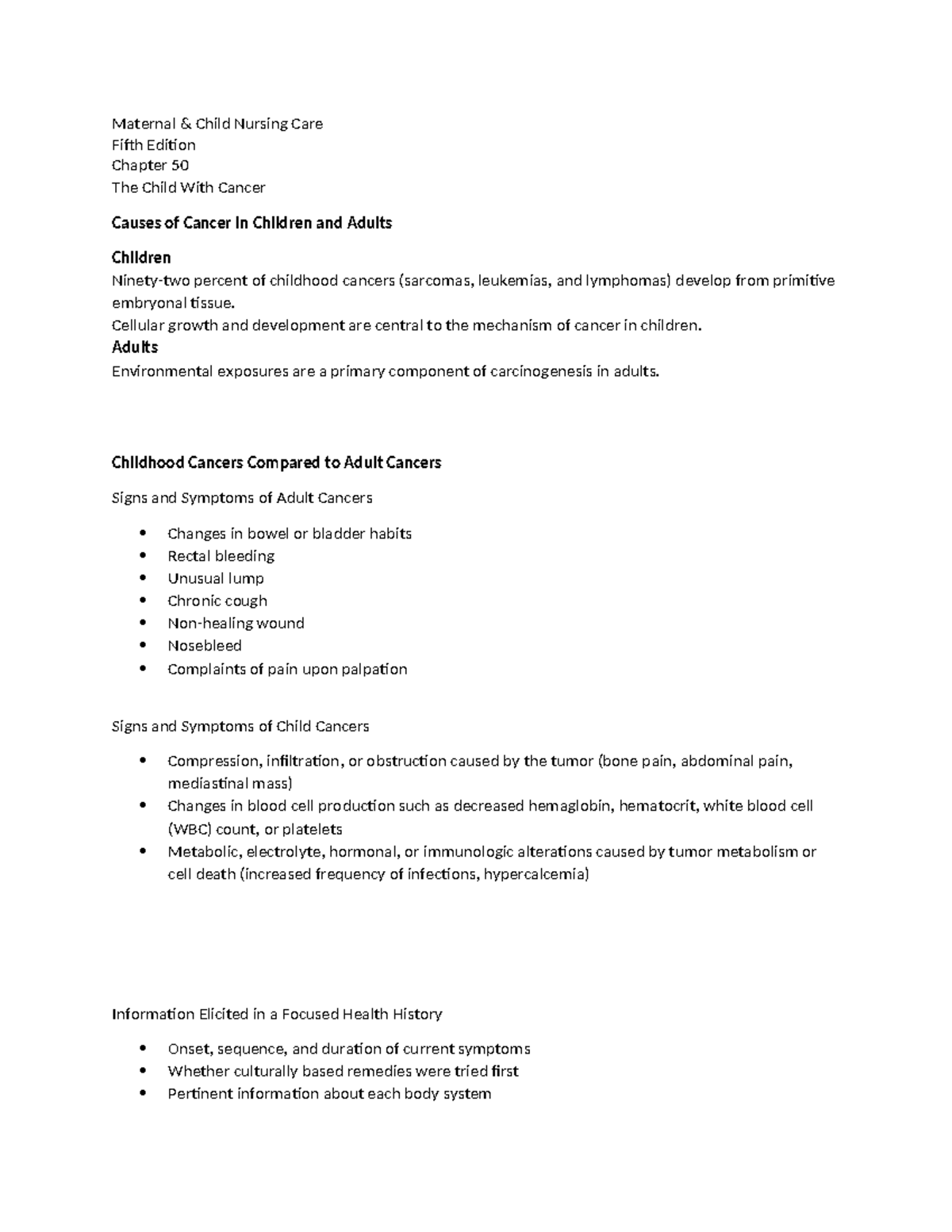 Cancer Outline - Maternal & Child Nursing Care Fifth Edition Chapter 50 ...