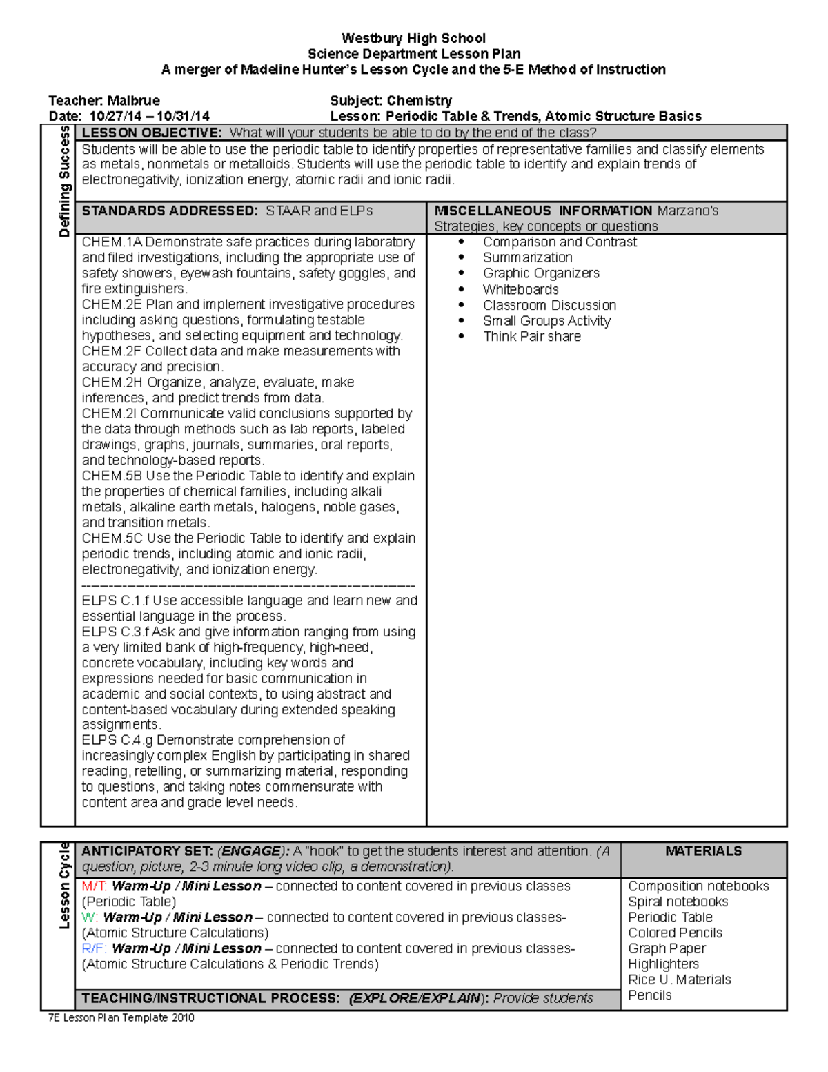 Chemistry Lesson Plan - Westbury High School Science Department Lesson ...